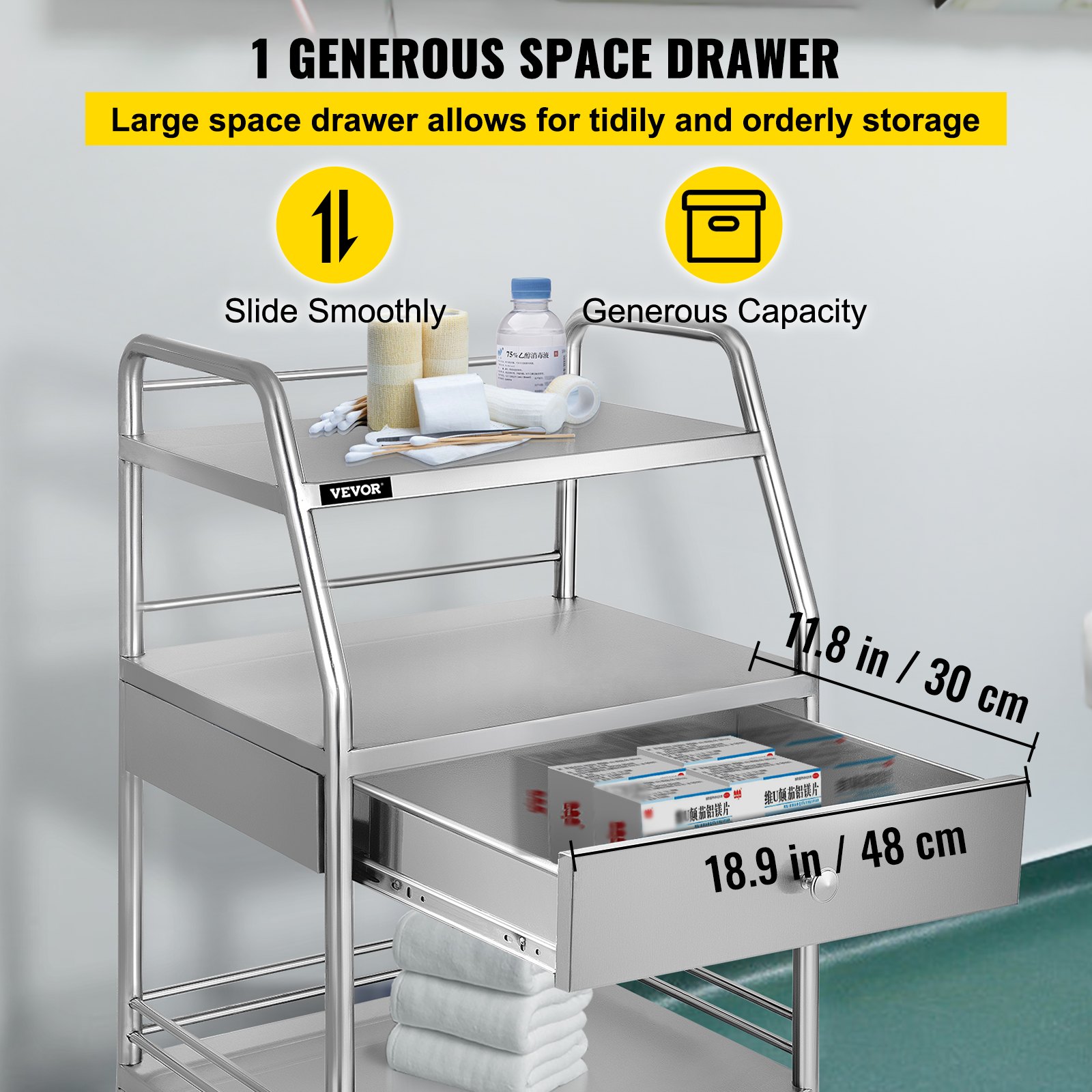 Medical Trolley Mobile Rolling Serving Cart w/ 3 Tiers 1 Drawer ...