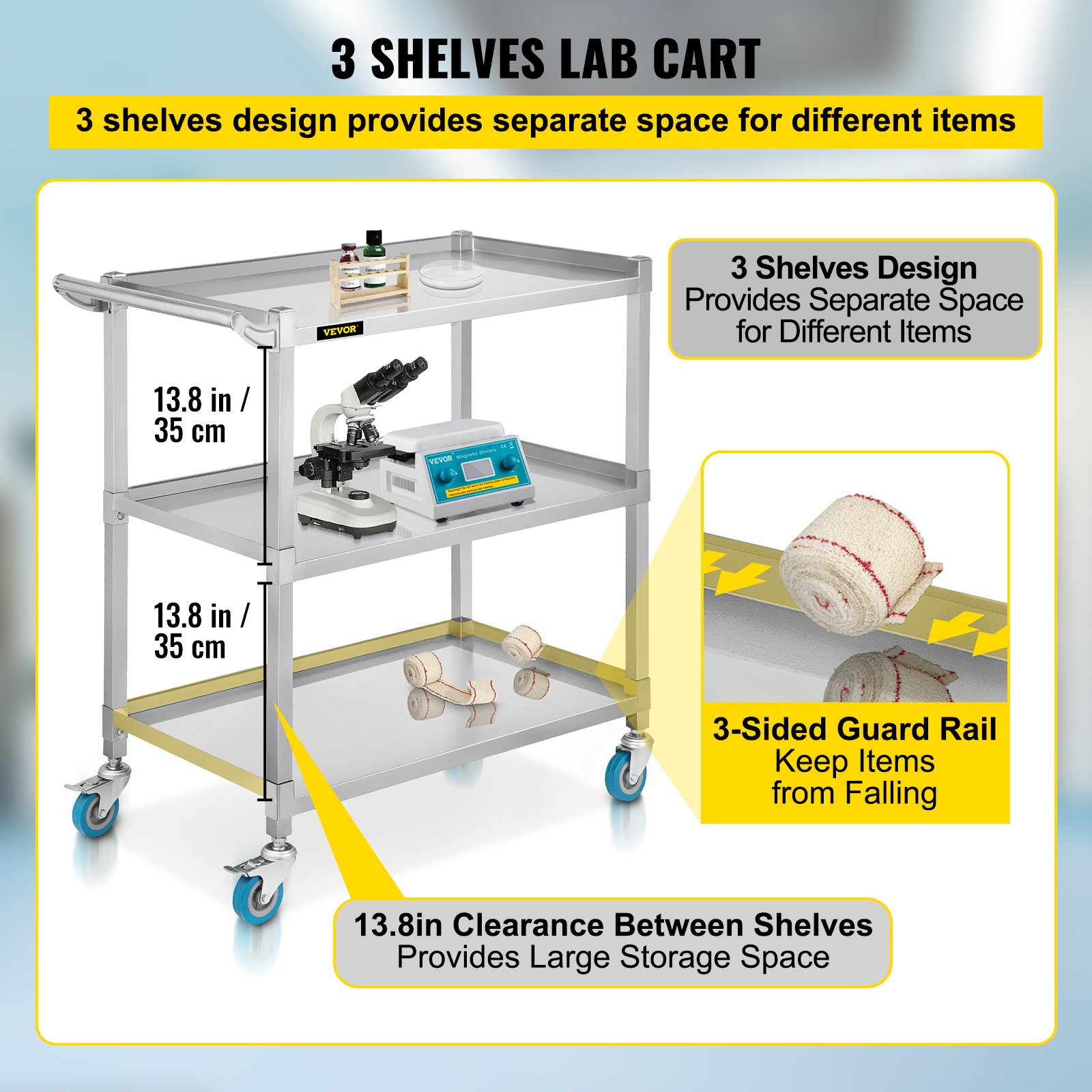 VEVOR Lab Utility Cart, 500 lbs Weight Capacity Rolling Lab Cart, 3 ...