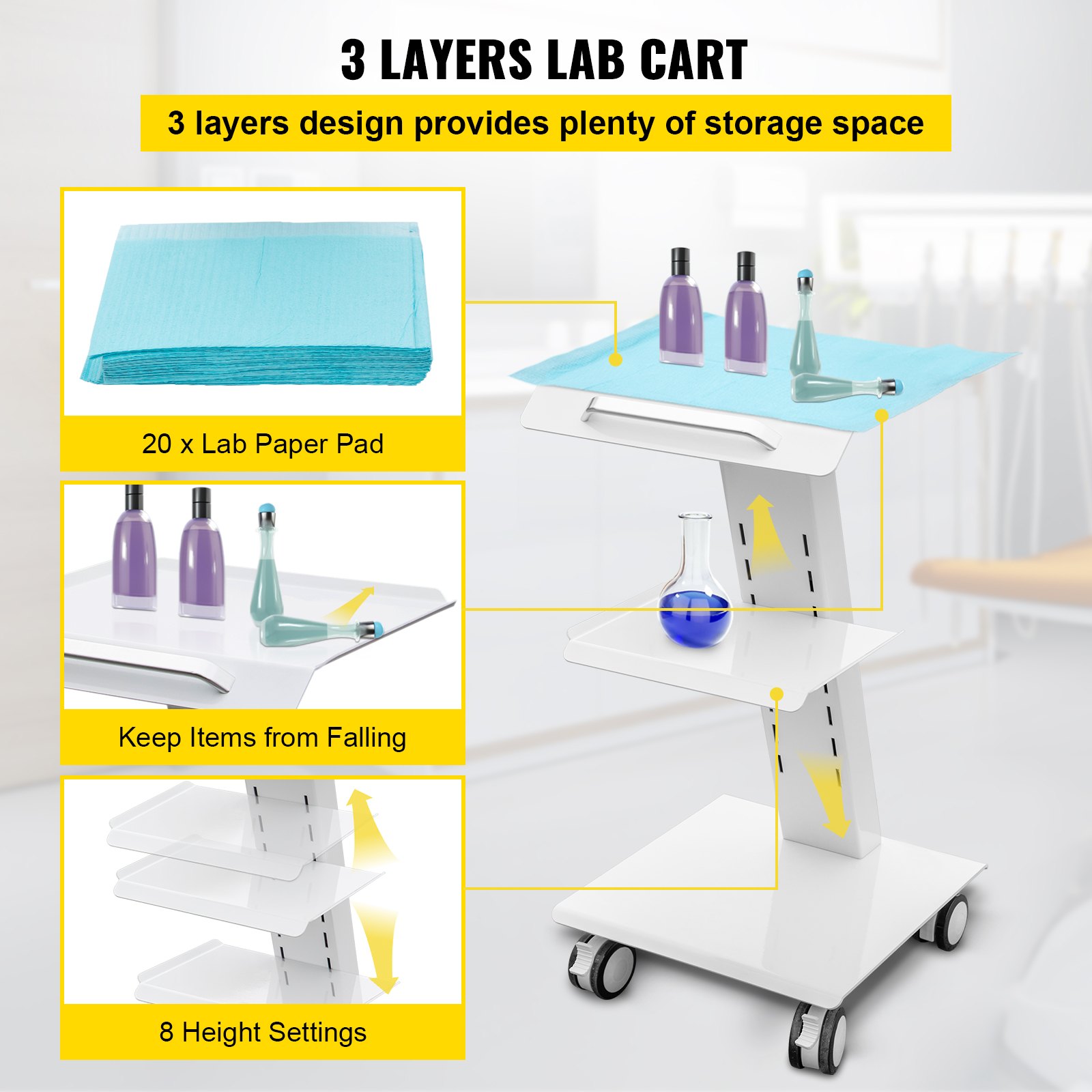 VEVOR Trolley Cart Dental Lab Trolley Steel Mobile Rolling Serving Cart ...