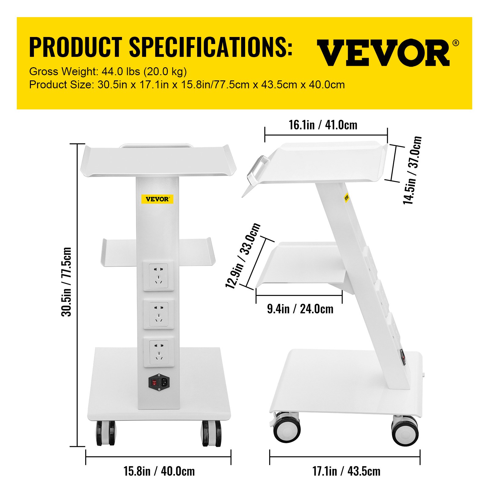 VEVOR Trolley Cart Dental Lab Trolley Steel Mobile Rolling Serving Cart ...