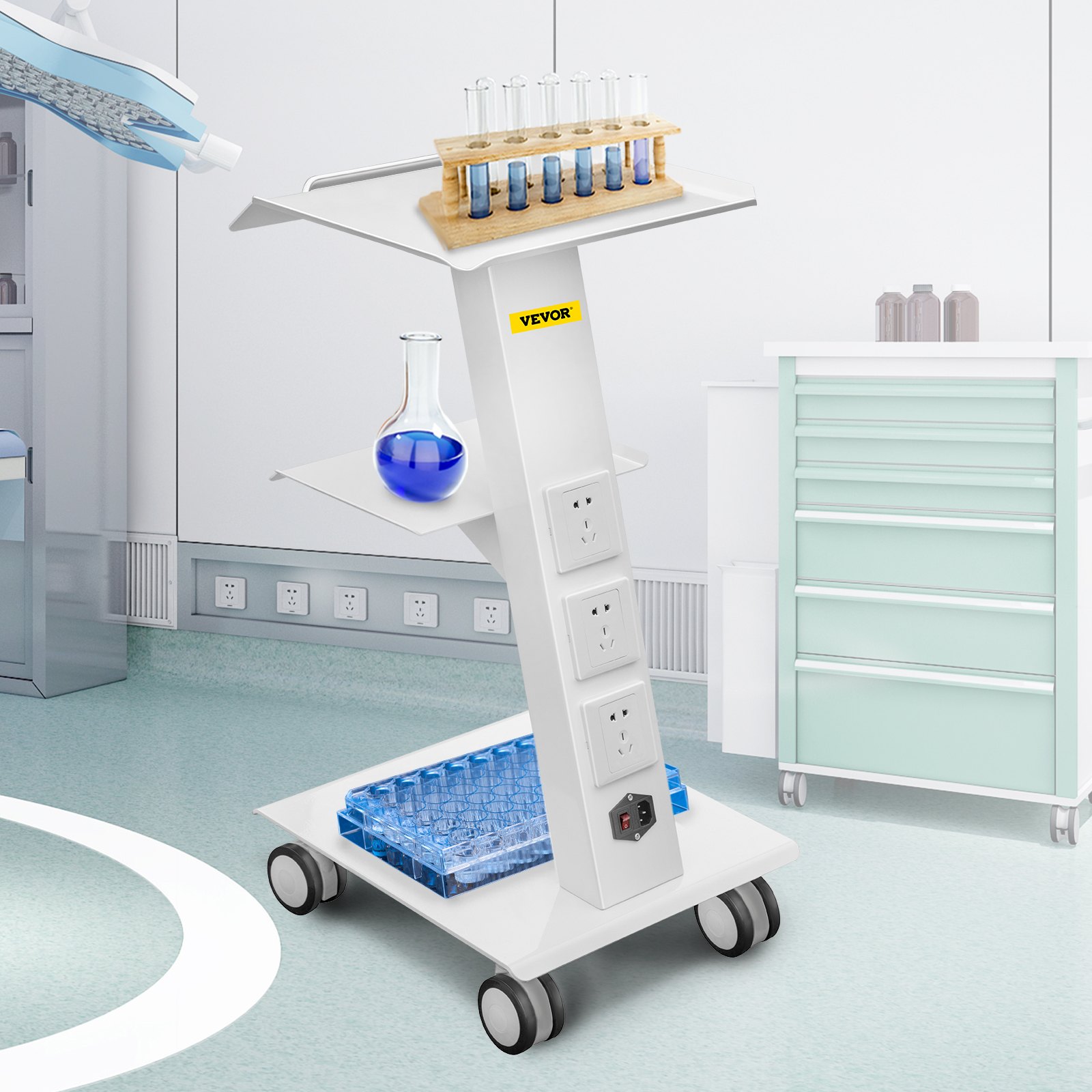 VEVOR Lab Trolley, Built-in Socket Rolling Lab Cart, 3 Layers Tray ...