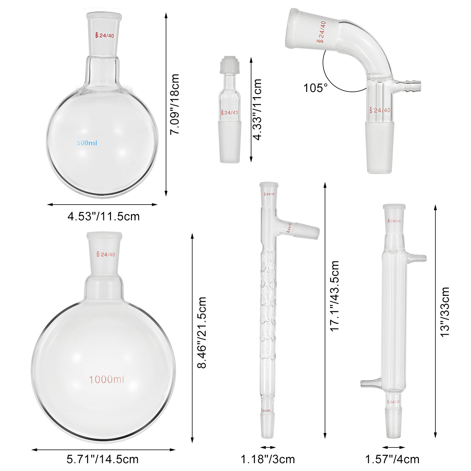 VEVOR Glass Organic Chemistry Kit 13pcs Distillation Kit 24/40 Joints ...