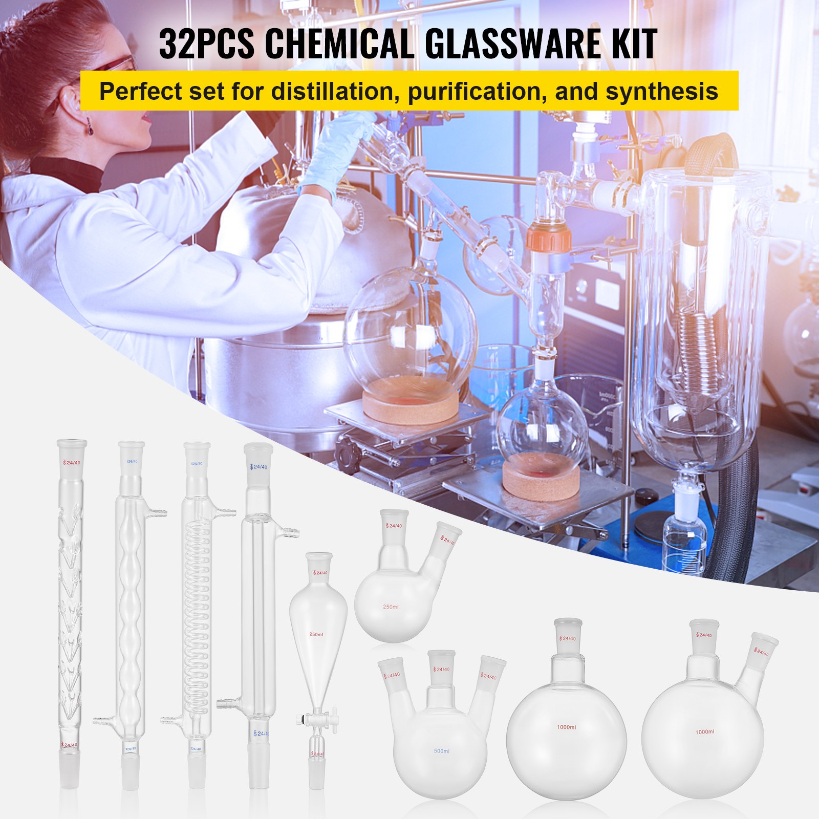 VEVOR 32pcs 24/40 Organic Chemistry Laboratory Glassware Kit Lab ...