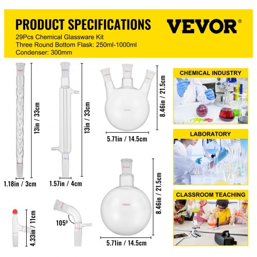 New Chemistry Lab Glassware Kit with 24/40 Glass Ground Joints 29pcs ...