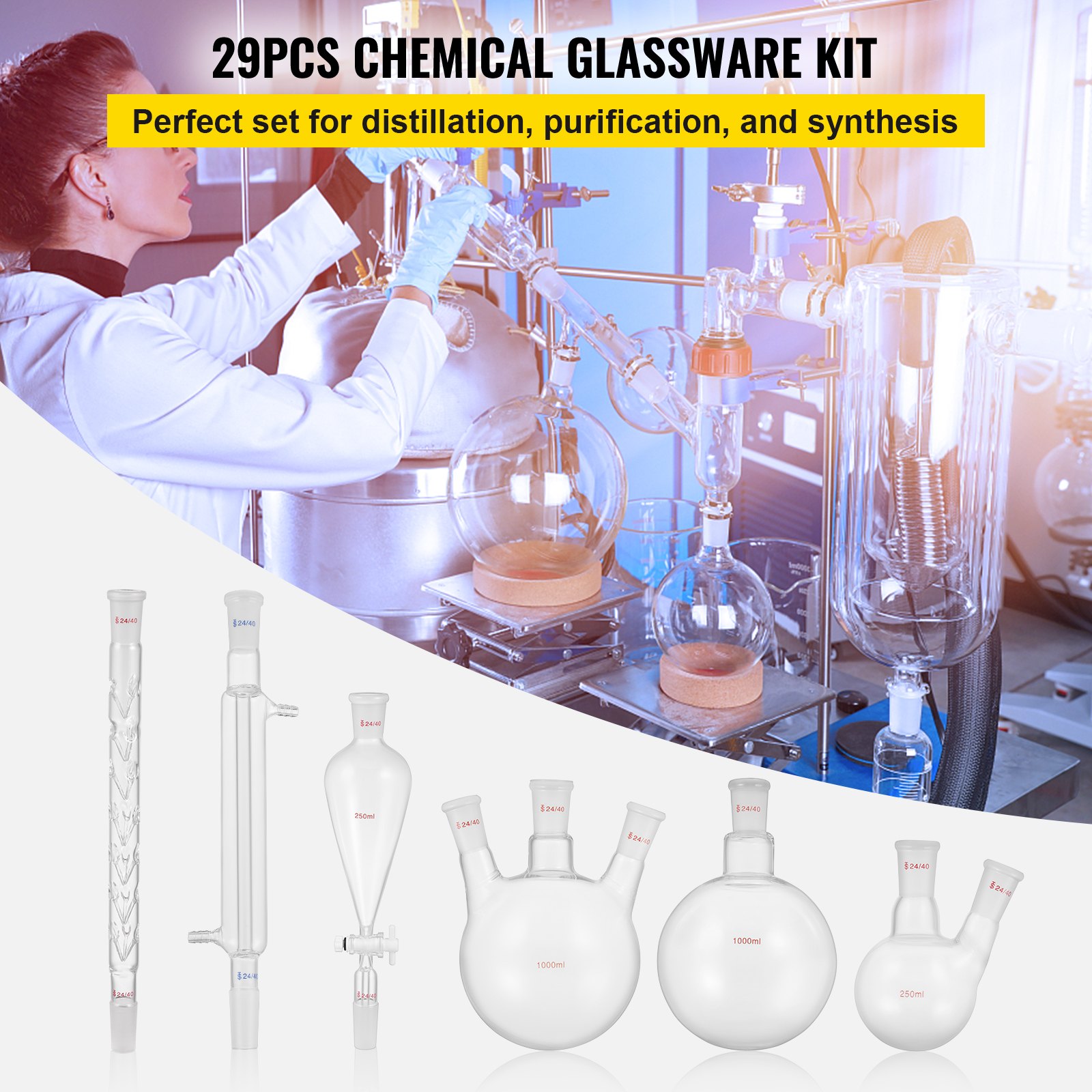 New Chemistry Lab Glassware Kit with 24/40 Glass Ground Joints 29pcs ...