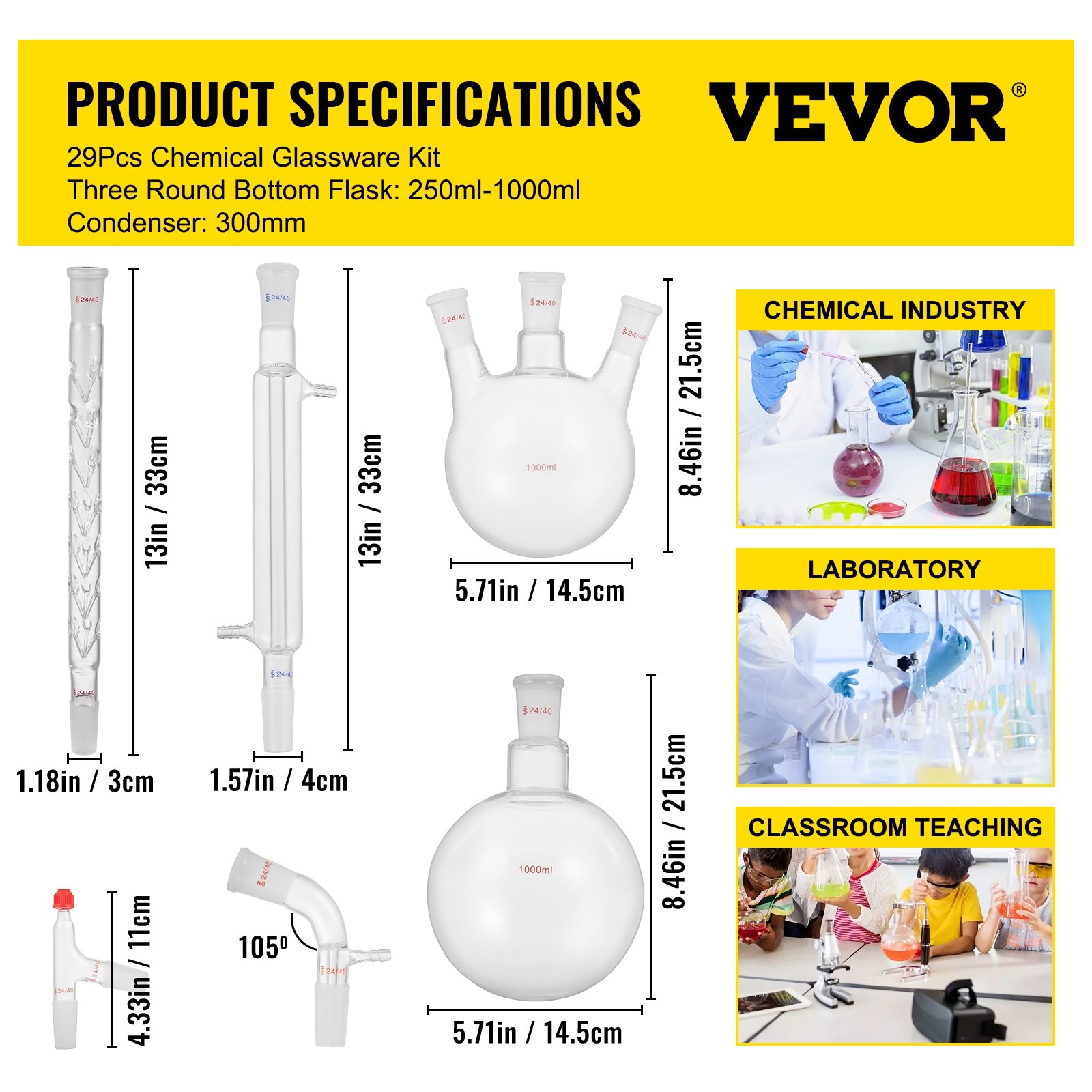 New Chemistry Lab Glassware Kit with 24/40 Glass Ground Joints 29pcs ...