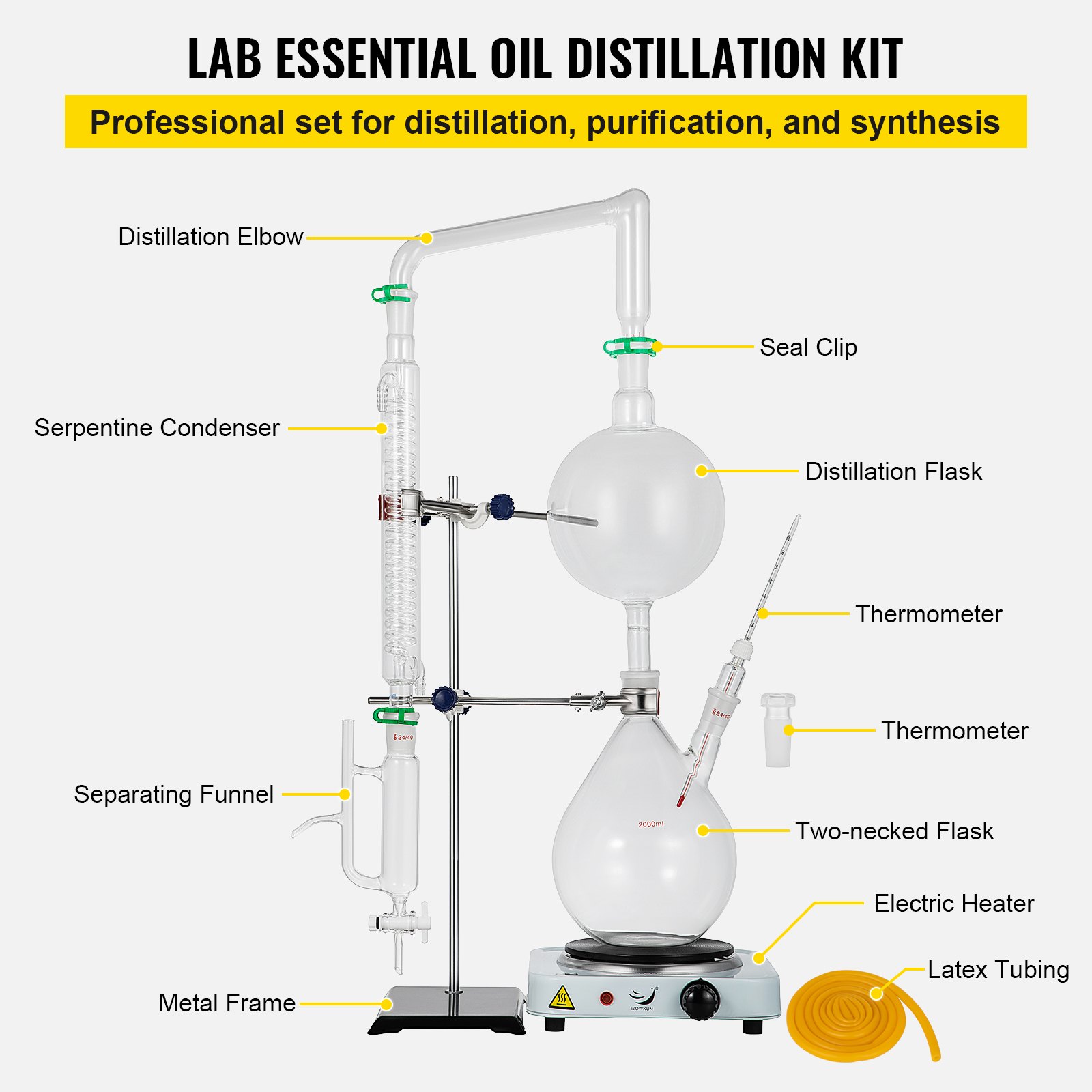 VEVOR 2L Essential Oil Distillation Apparatus Lab Glassware ...