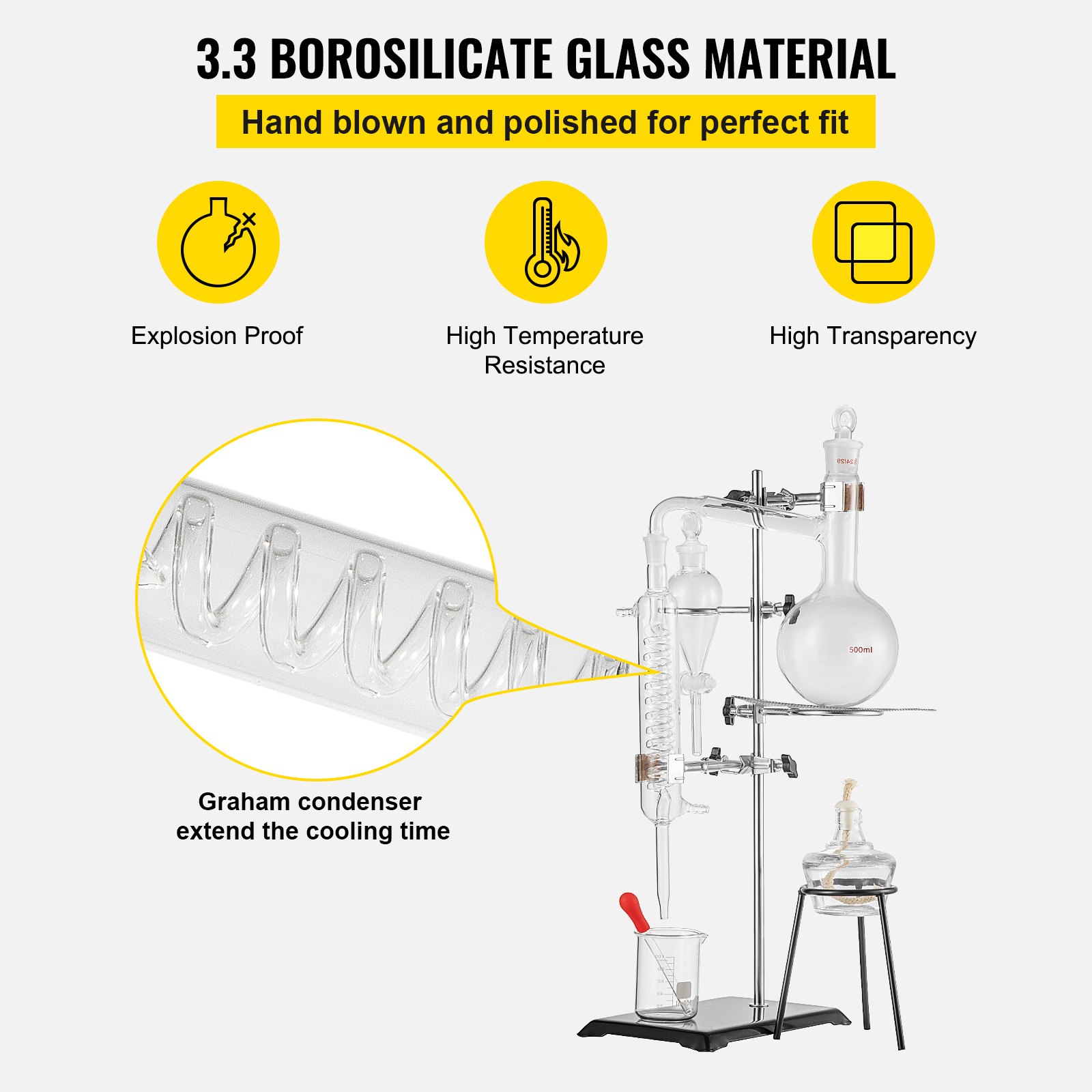 VEVOR Lab Glassware Kit 500ML Distillation Apparatus with Condenser ...