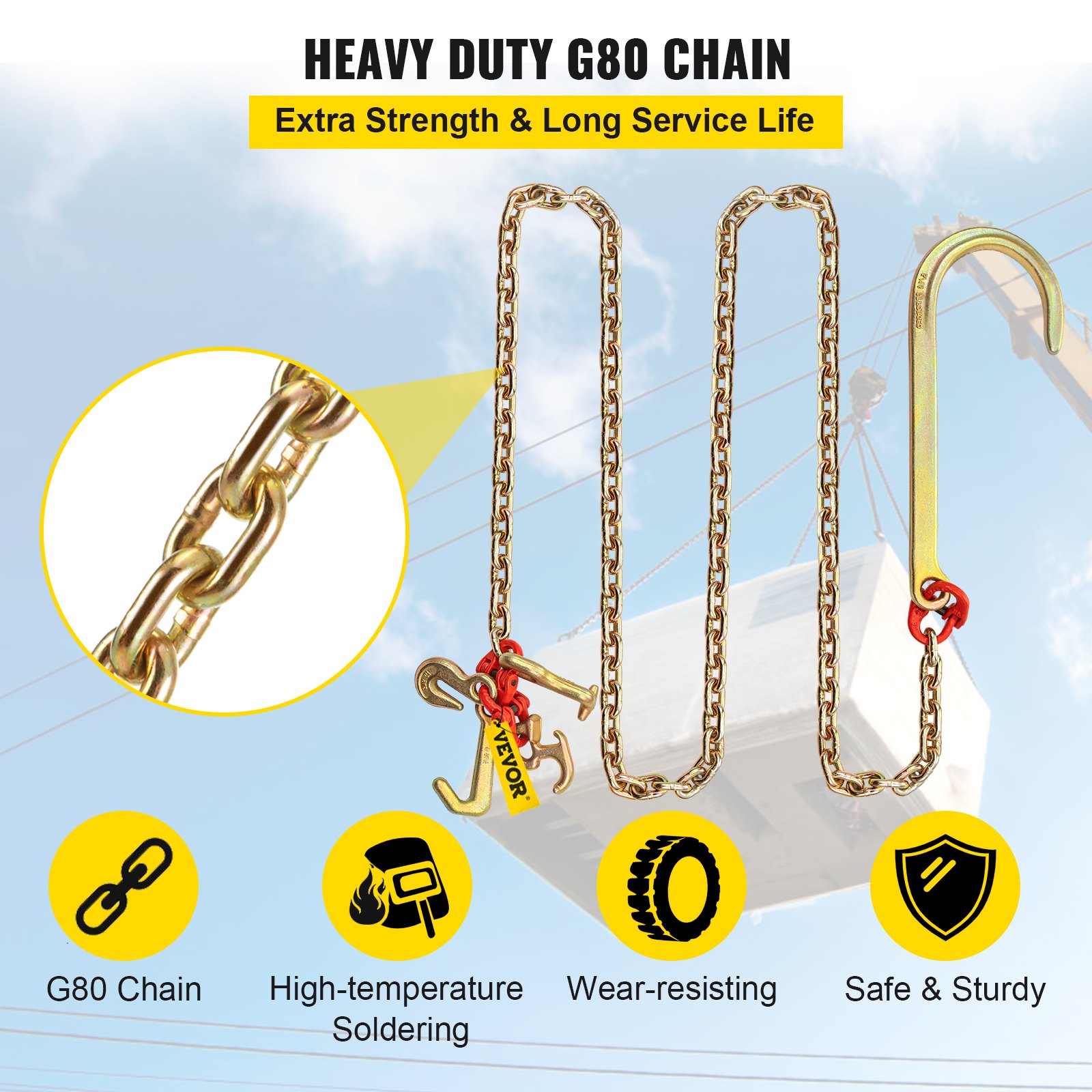 VEVOR J Hook Chain, 5/16 in x 10 ft Tow Chain Bridle, Grade 80 J Hook ...