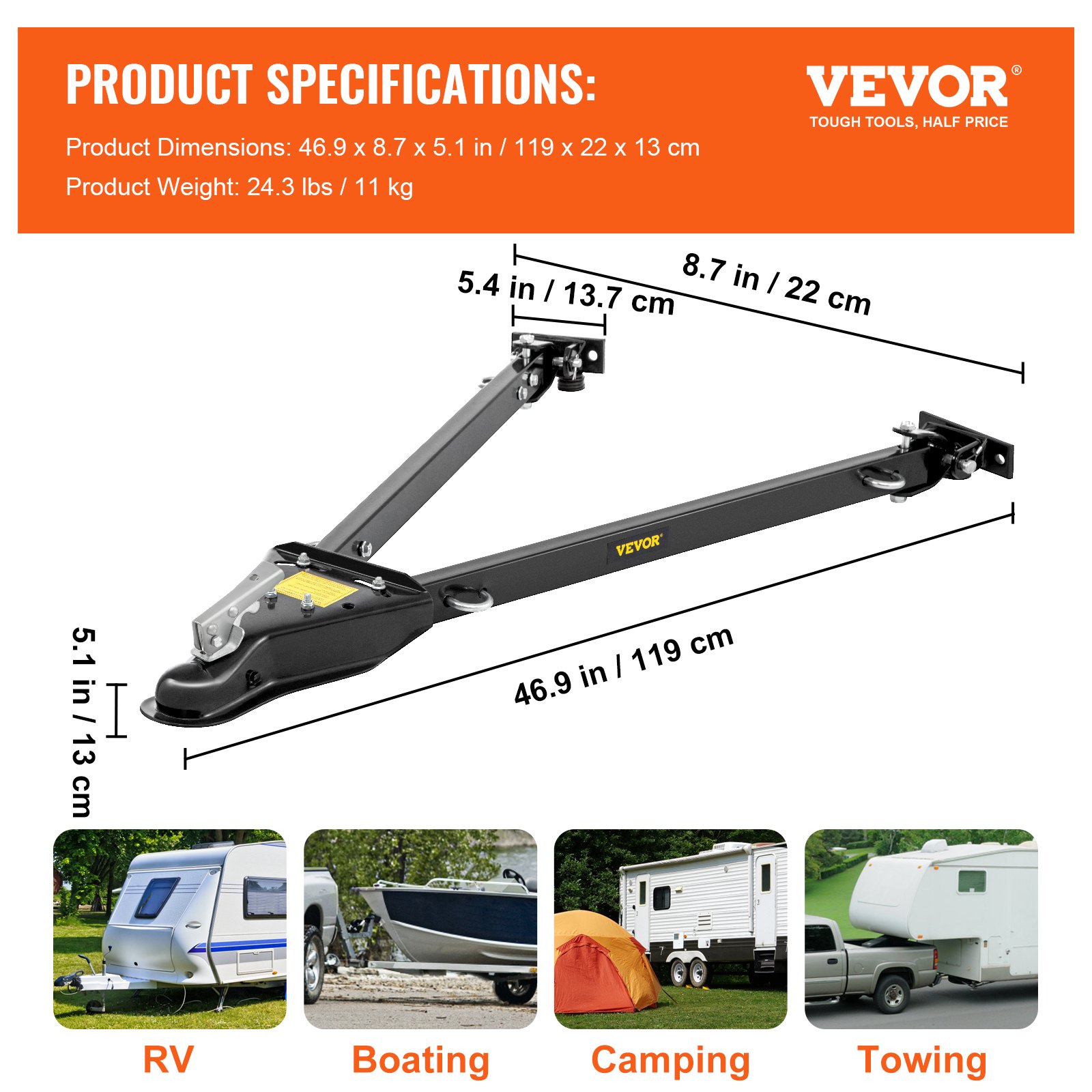VEVOR Tow Bar, 5000 lbs Towing Capacity, Powder-Coating Steel Bumper ...