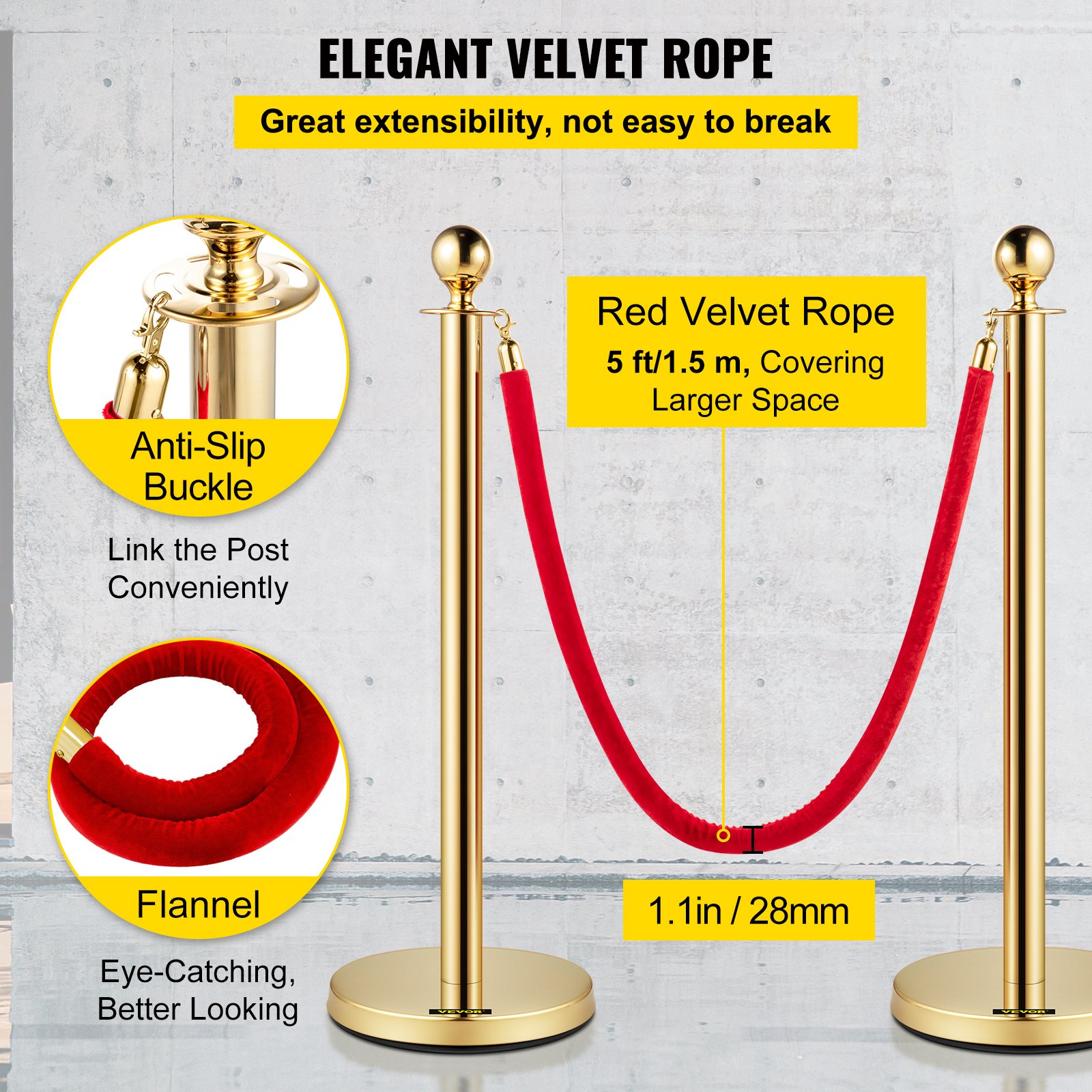 VEVOR Velvet Ropes and Posts, 5 ft/1.5 m Red Rope, Stainless Steel Gold ...