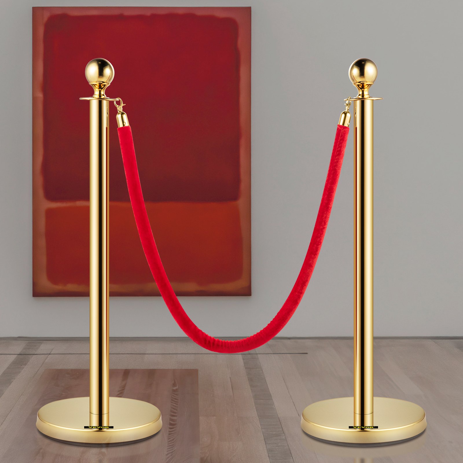 VEVOR Velvet Ropes and Posts, 5 ft/1.5 m Red Rope, Stainless Steel Gold ...