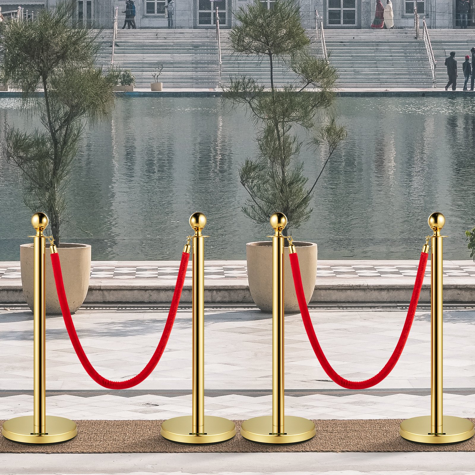 VEVOR Velvet Ropes and Posts, 5 ft/1.5 m Red Rope, Stainless Steel Gold ...