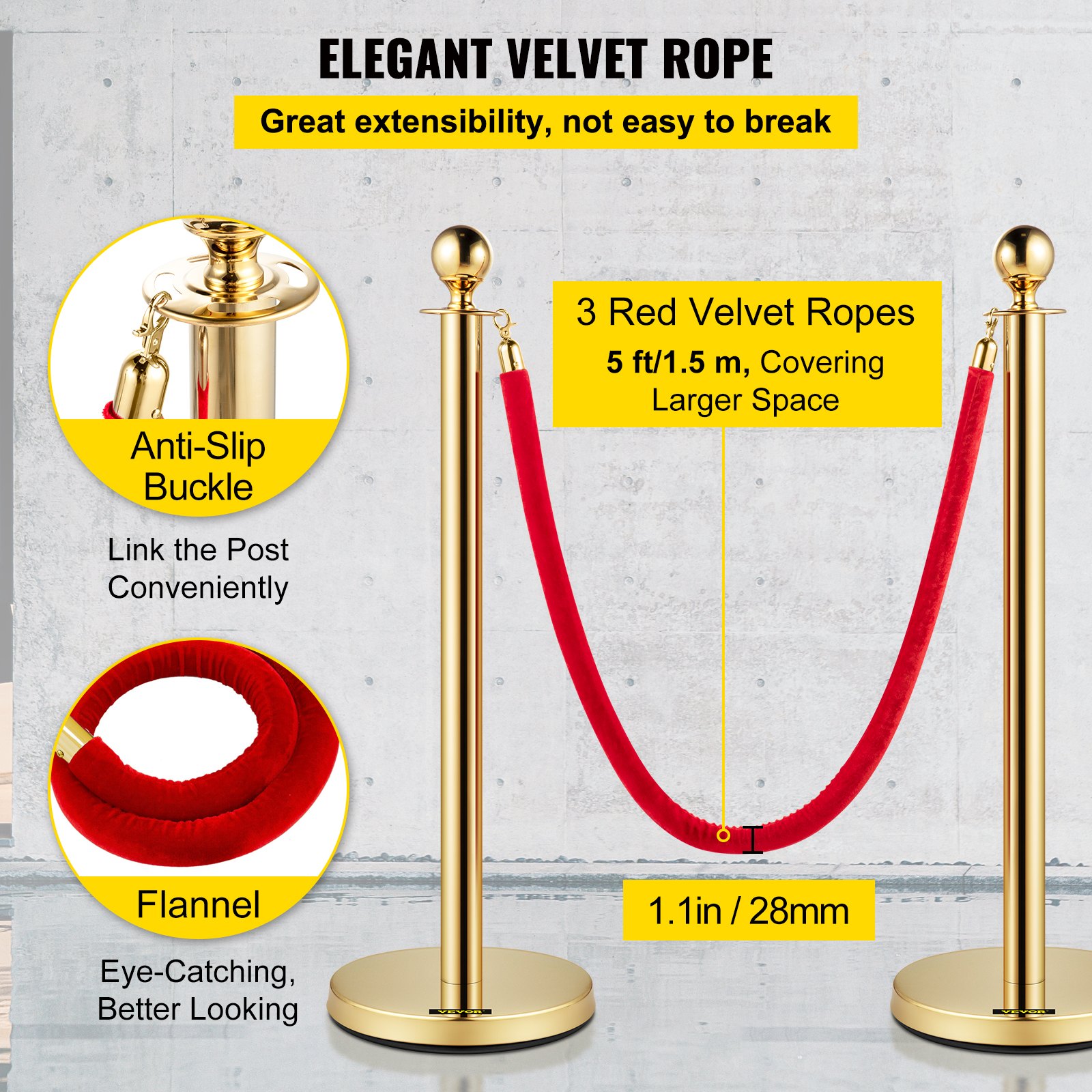 VEVOR Velvet Ropes and Posts, 5 ft/1.5 m Red Rope, Stainless Steel Gold ...