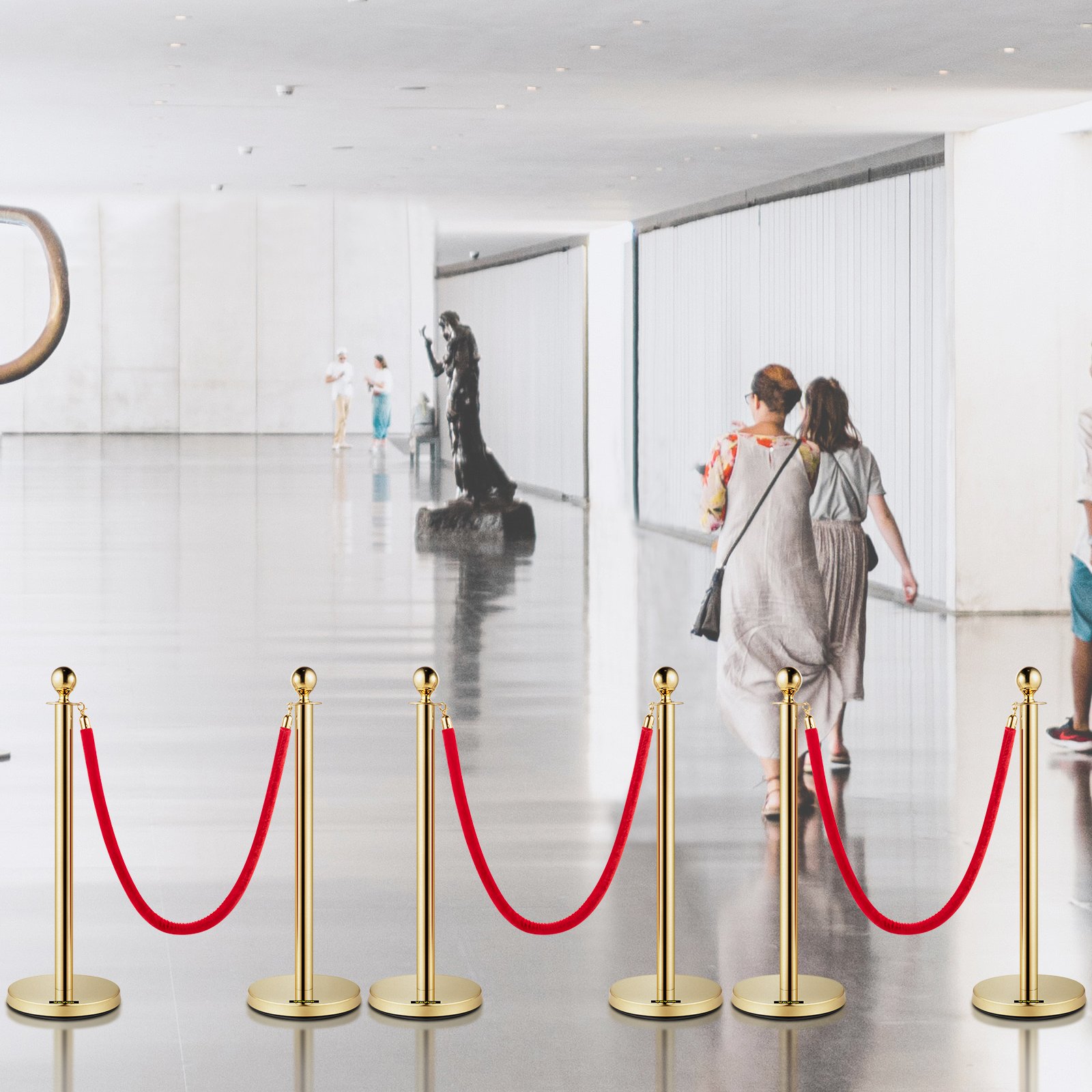 VEVOR Velvet Ropes and Posts, 5 ft/1.5 m Red Rope, Stainless Steel Gold ...