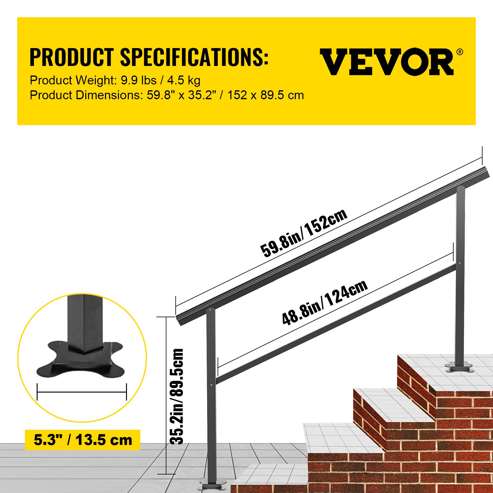 Vevor Outdoor Handrail 165lbs Load Handrail Outdoor Stairs Aluminum