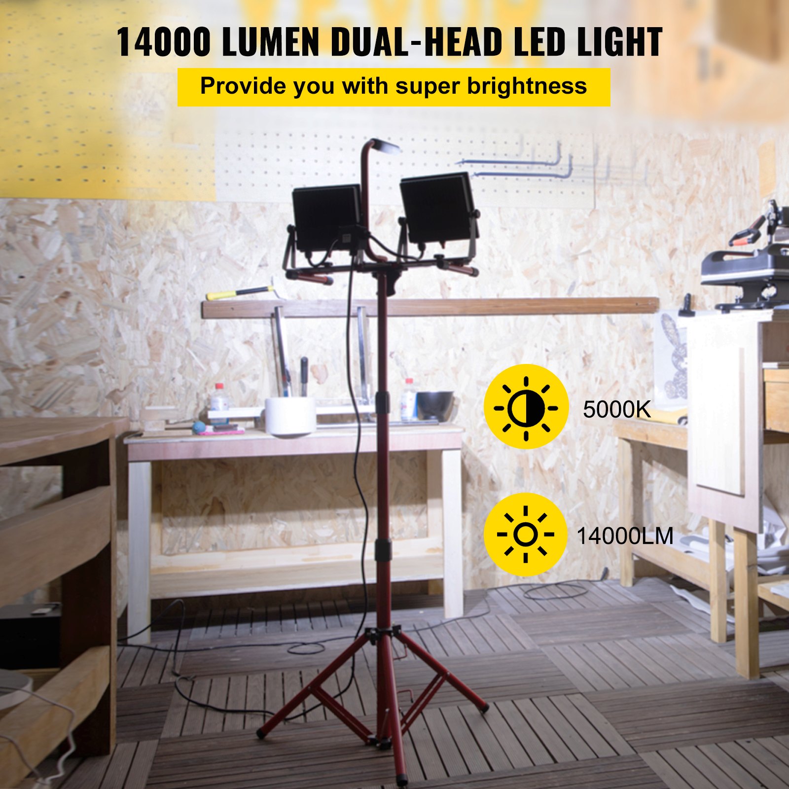 VEVOR LED Work Light with Stand, 14000 Lumen Dual-head LED Work Light ...