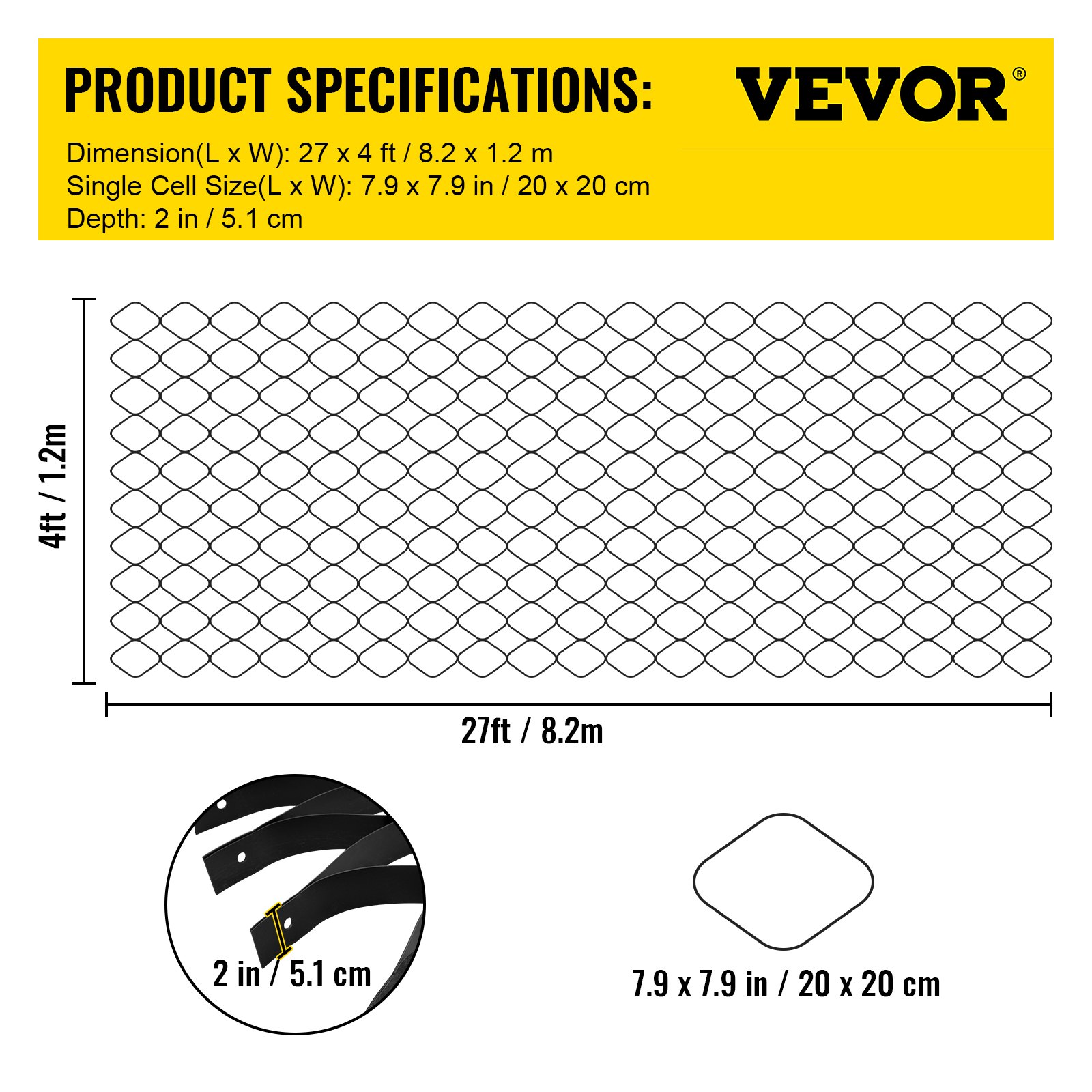 VEVOR Ground Grid, 1885 lbs per Sq Ft Load Geo Grid, 2" Depth Permeable ...