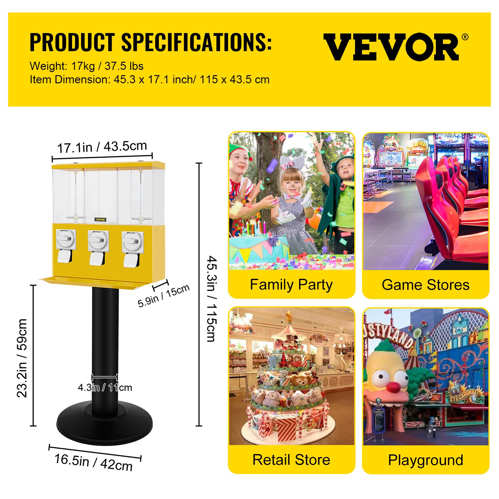 VEVOR Triple Head Candy Vending Machine, 1-inch Gumball Vending Machine ...