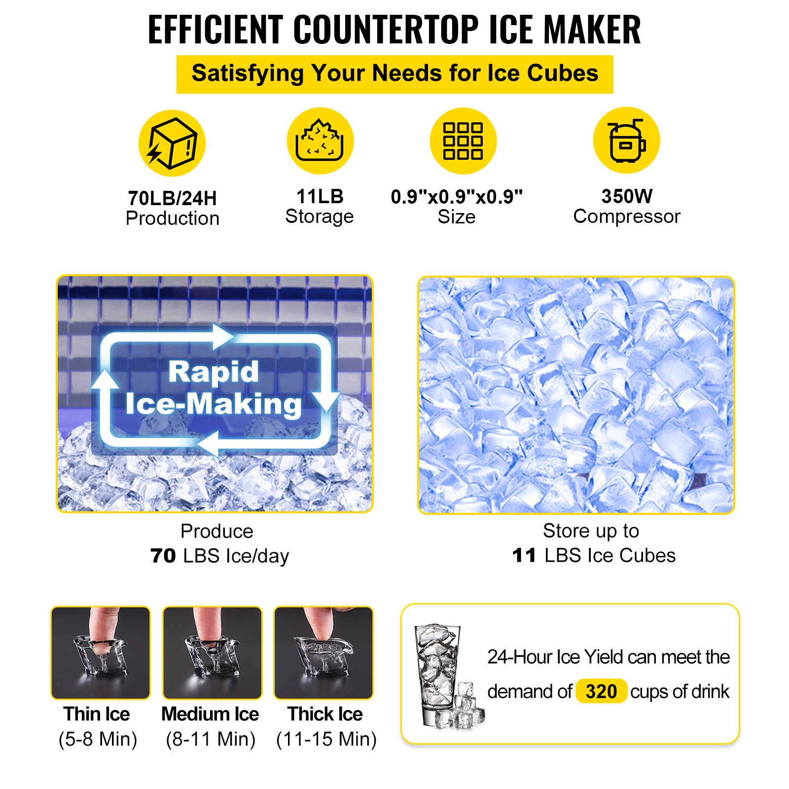 VEVOR 110V Countertop Ice Maker 70LB/24H, 350W Automatic Portable Ice ...