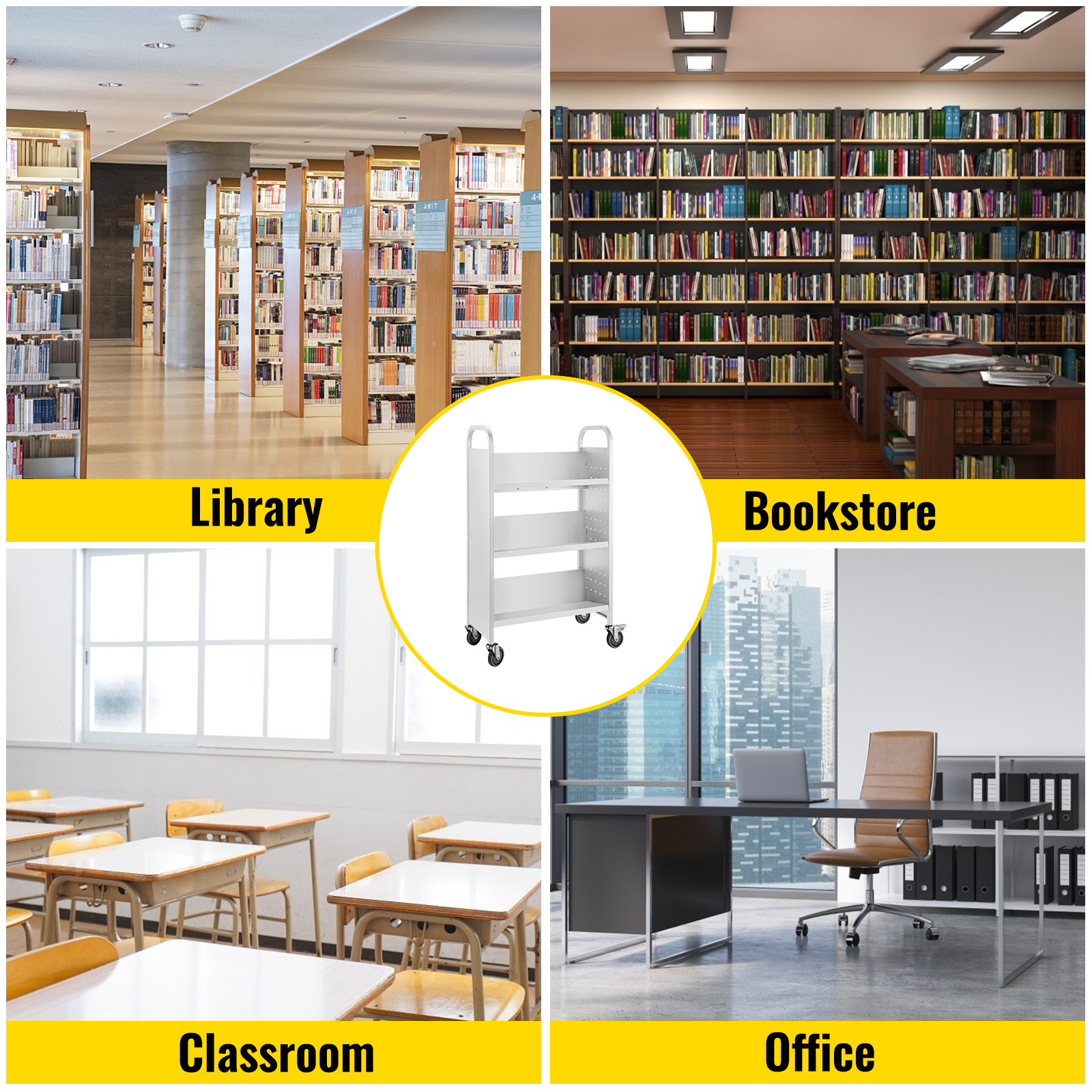 VEVOR Book Cart Library Cart 200 lbs Capacity with V-Shaped Shelves in ...