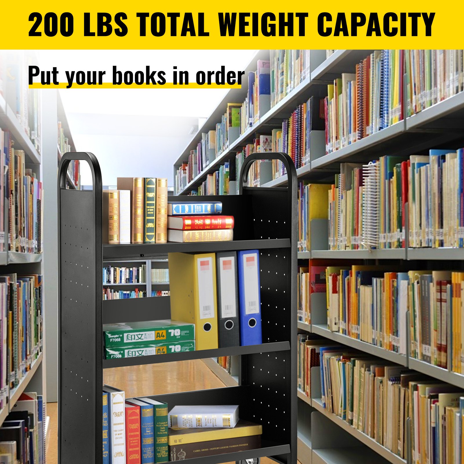 Book Cart Library Cart 200lb with Single Sided V-Shaped Sloped Shelves ...