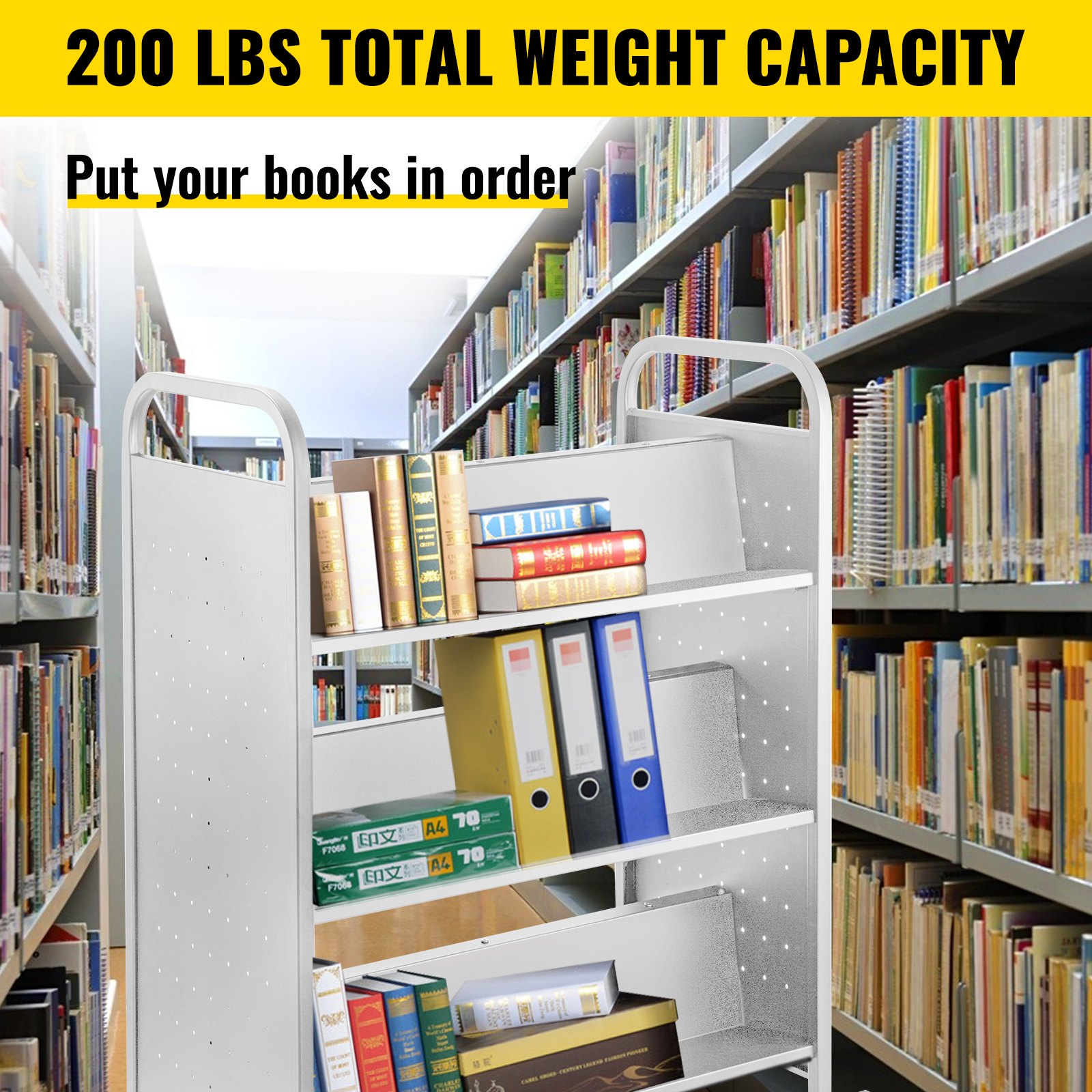 Book Cart Library Cart 200lb with Double Sided W-Shaped Sloped Shelves ...