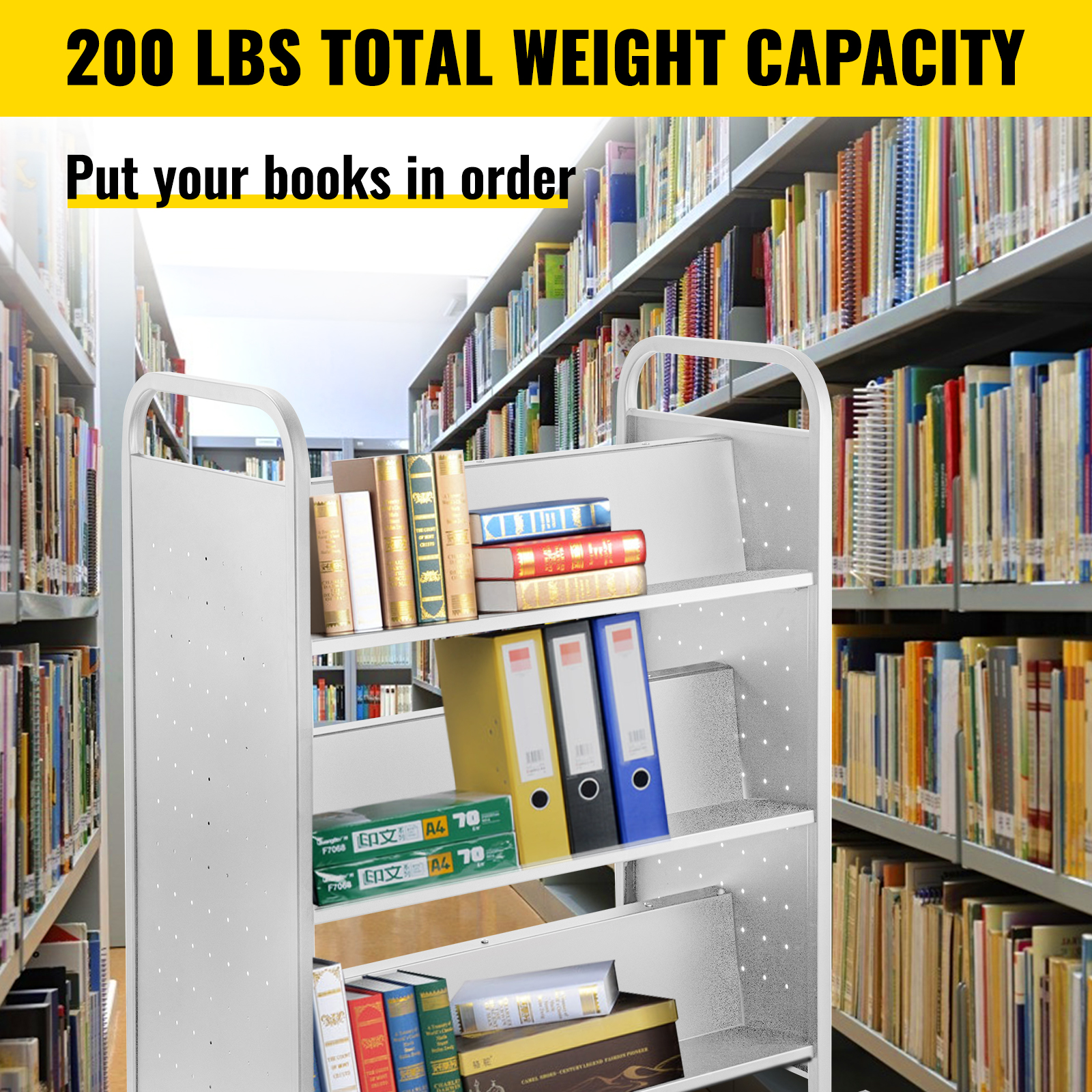 Book Cart Library Cart 200lb with Double Sided W-Shaped Sloped Shelves ...