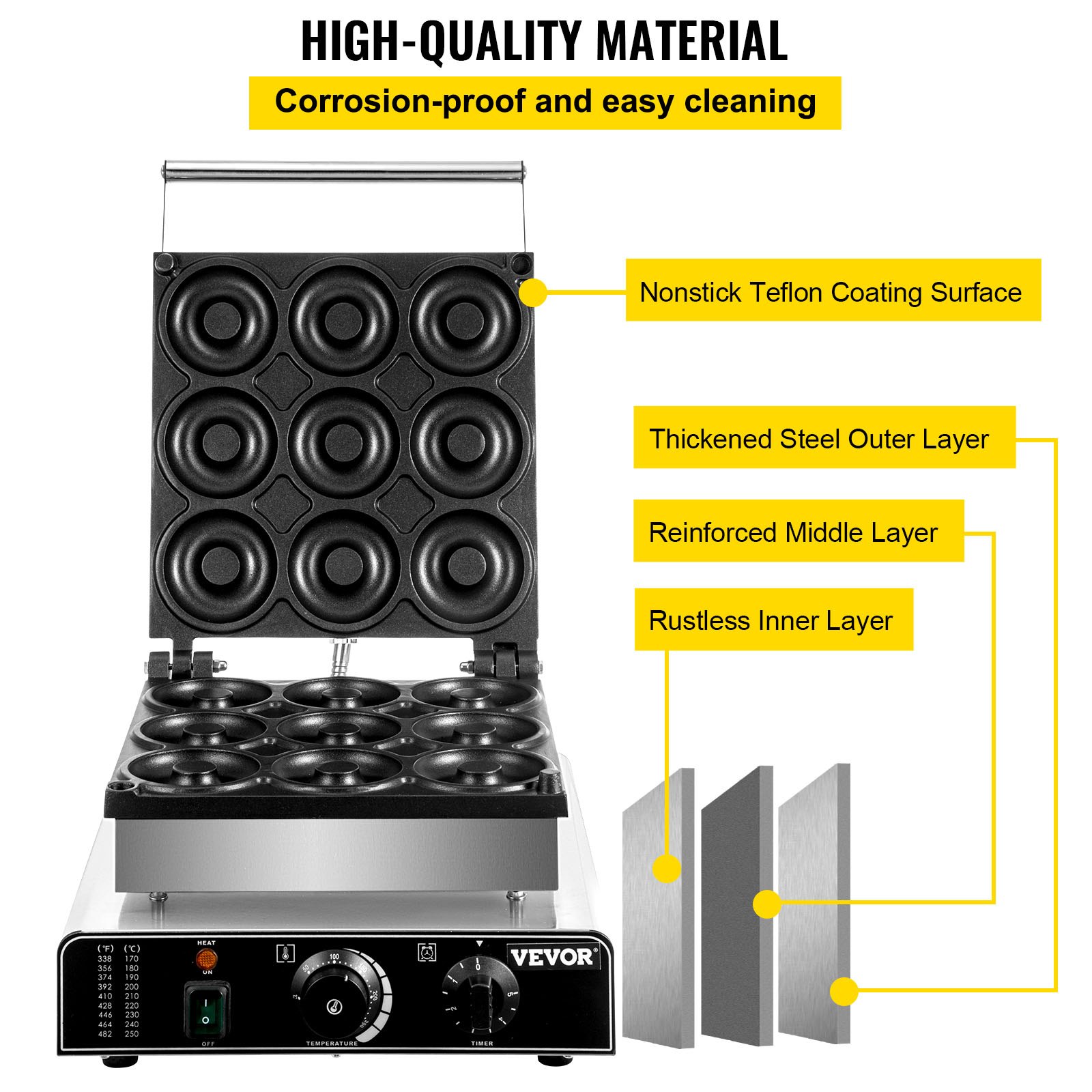 VEVOR Electric Donut Maker, 9 Holes Commercial Donut Machine, 2000W ...