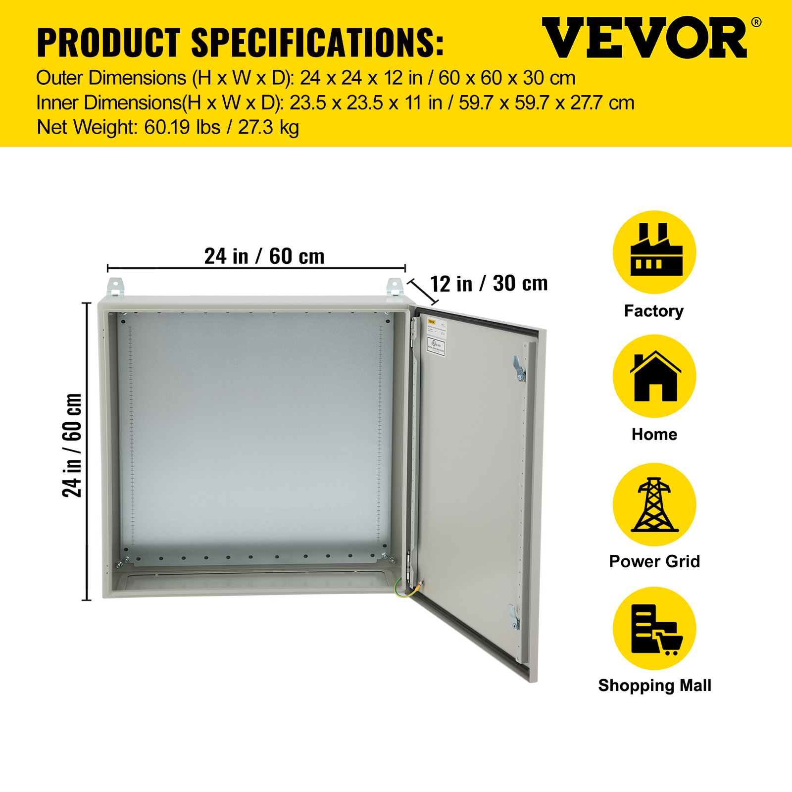 VEVOR Electrical Steel Enclosure Box NEMA 4 Outdoor Enclosure 24 x 24 x ...