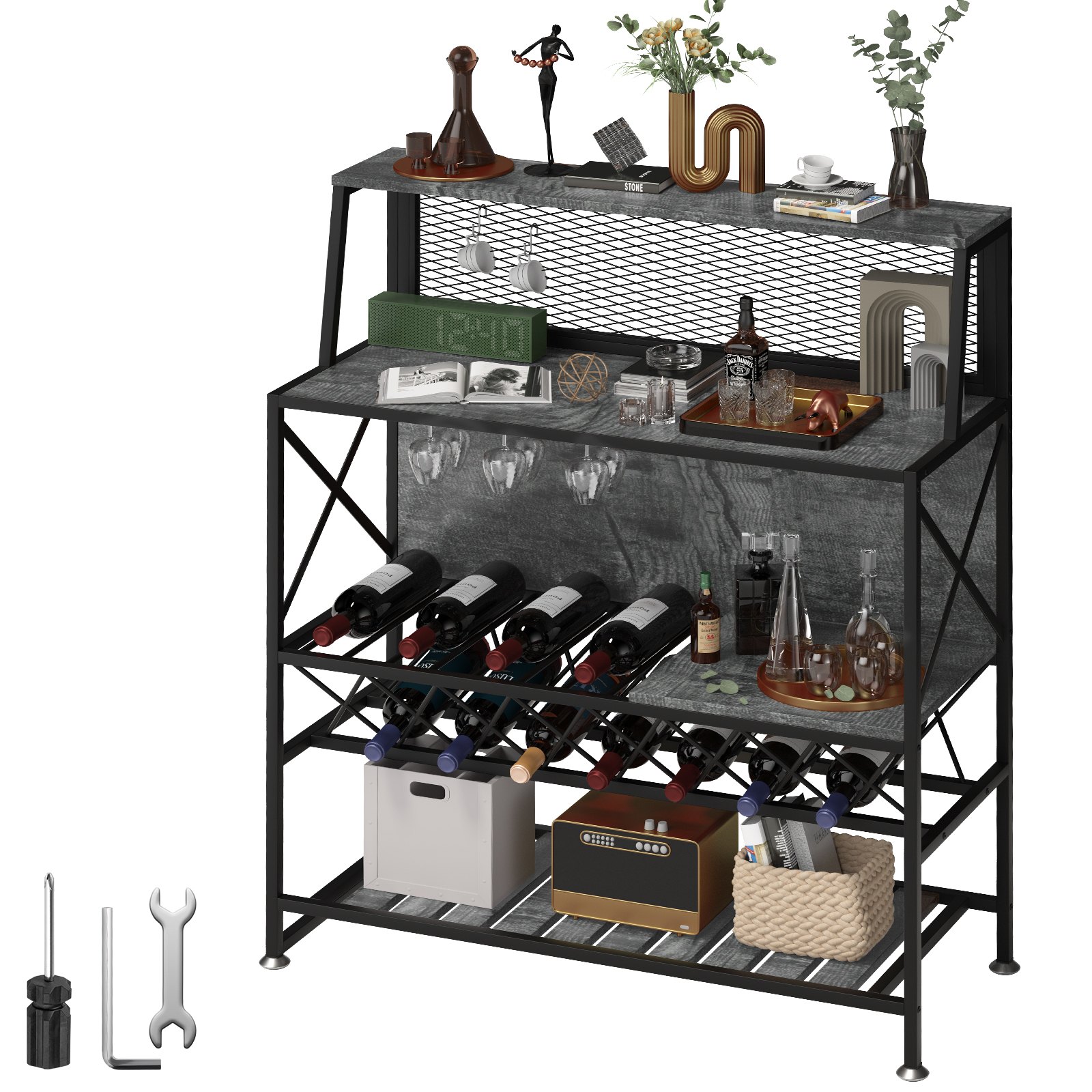 VEVOR Wine Rack Table Bar Cabinet Table w/ Wine Rack & Glass Holder ...