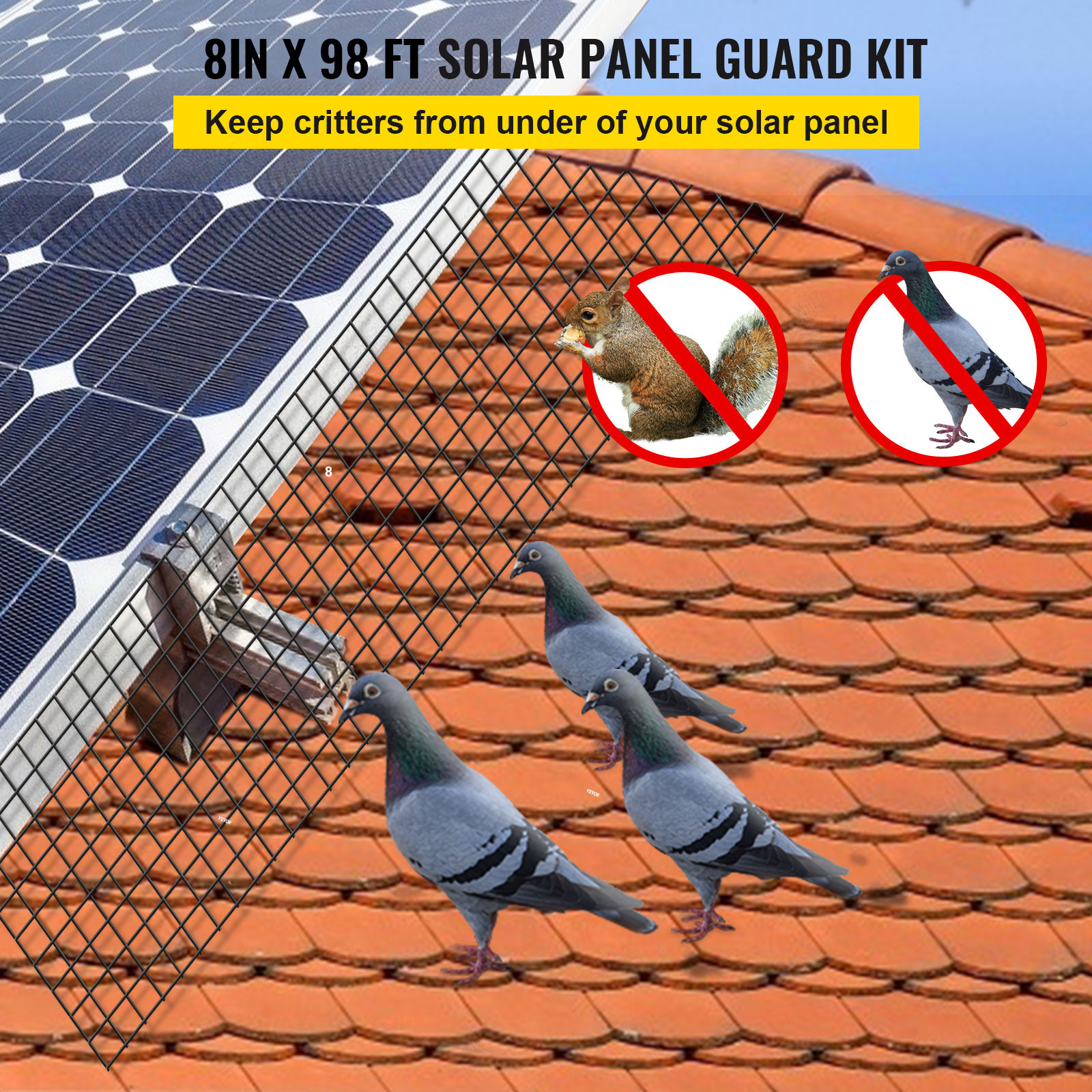 VEVOR Solar Panel Bird Wire, 8inch x 98ft Critter Guard Roll Kit, Solar Panel Guard w/ 50pcs Tie ...