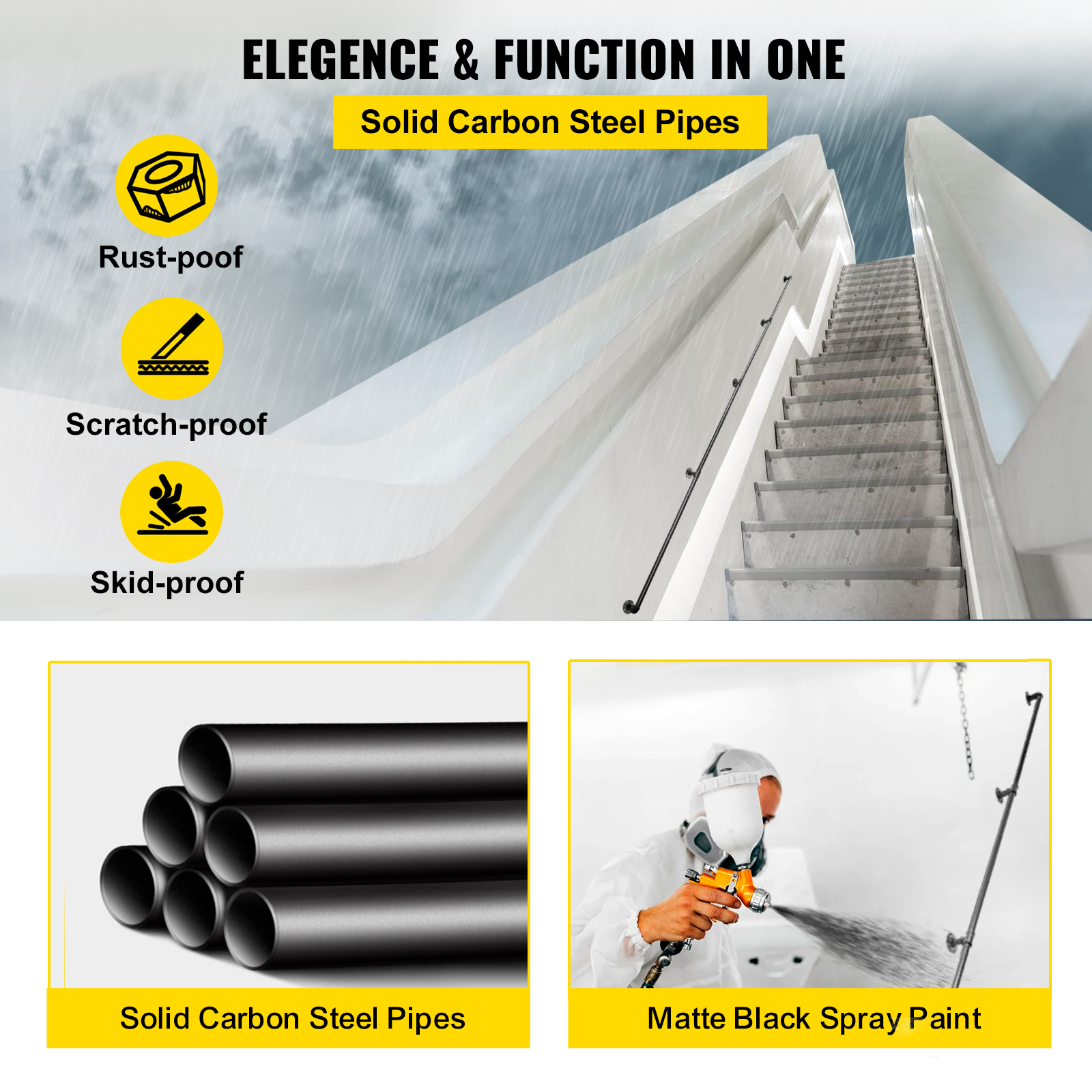 VEVOR Pipe Stair Handrail, 13FT Staircase Handrail, 440LBS Load ...