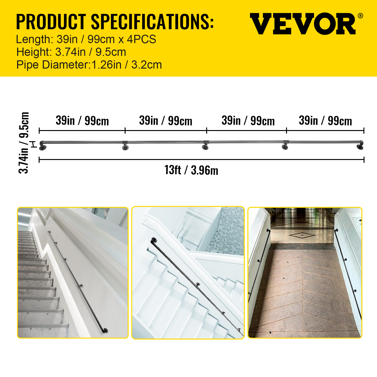 VEVOR Pipe Stair Handrail, 13FT Staircase Handrail, 440LBS Load ...