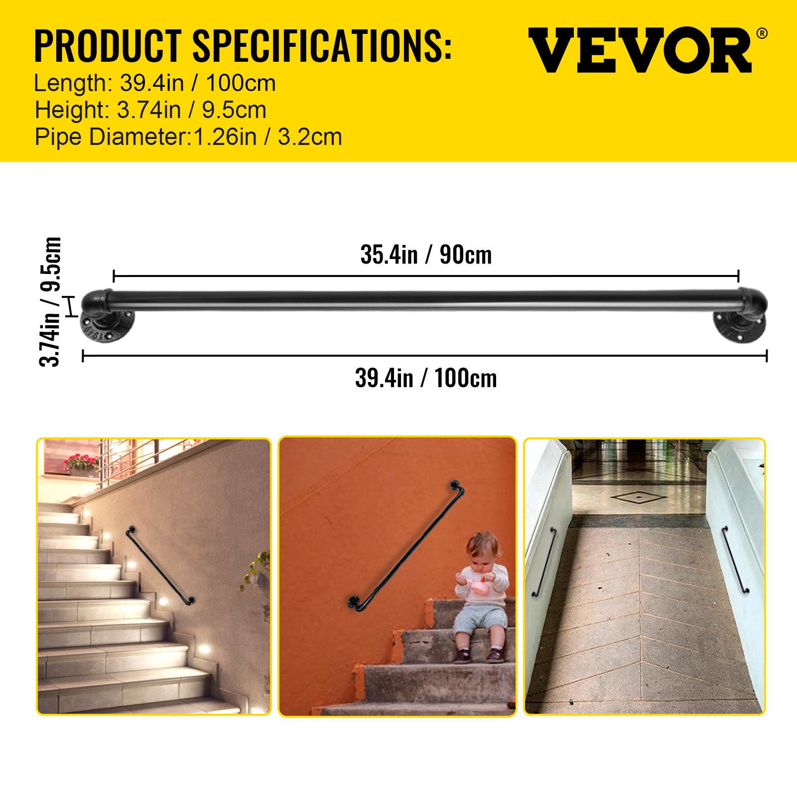 VEVOR Pipe Stair Handrail, 3FT Staircase Handrail, 440LBS Load Capacity ...