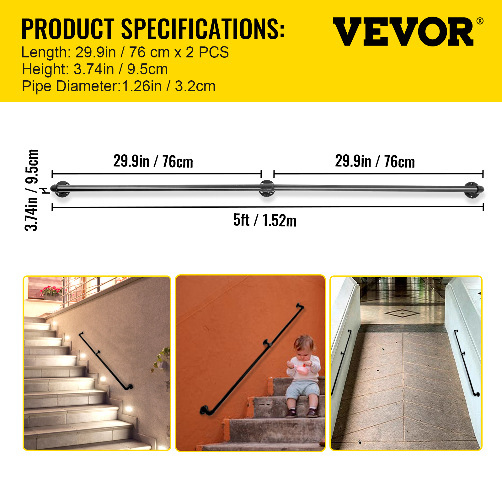 Vevor Pipe Stair Handrail Staircase Handrail 5 Ft Carbon Steel For Wall ...