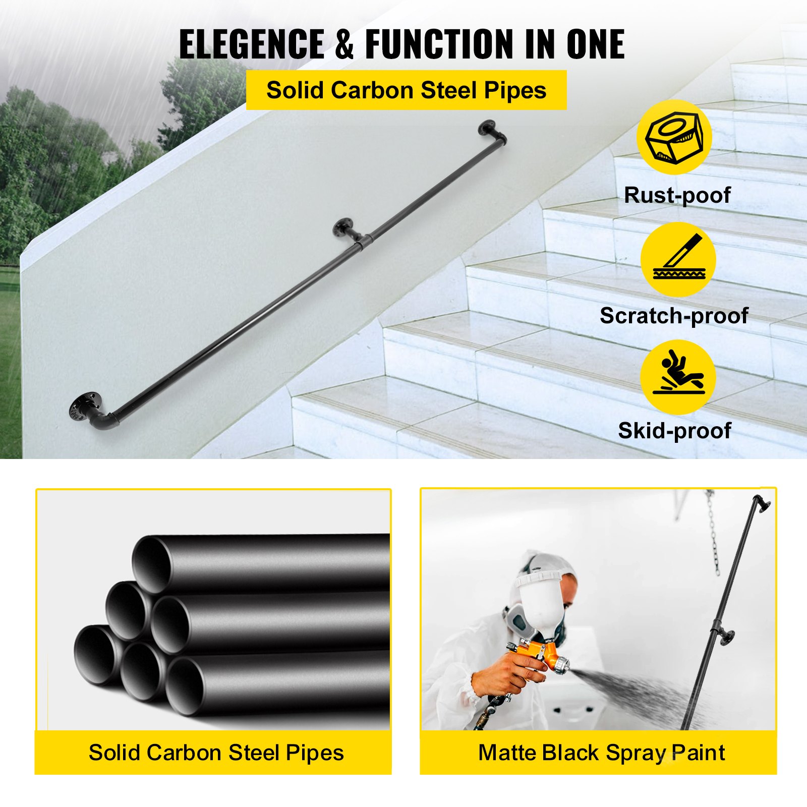 VEVOR Pipe Stair Handrail, 6FT Staircase Handrail, 440LBS Load Capacity ...