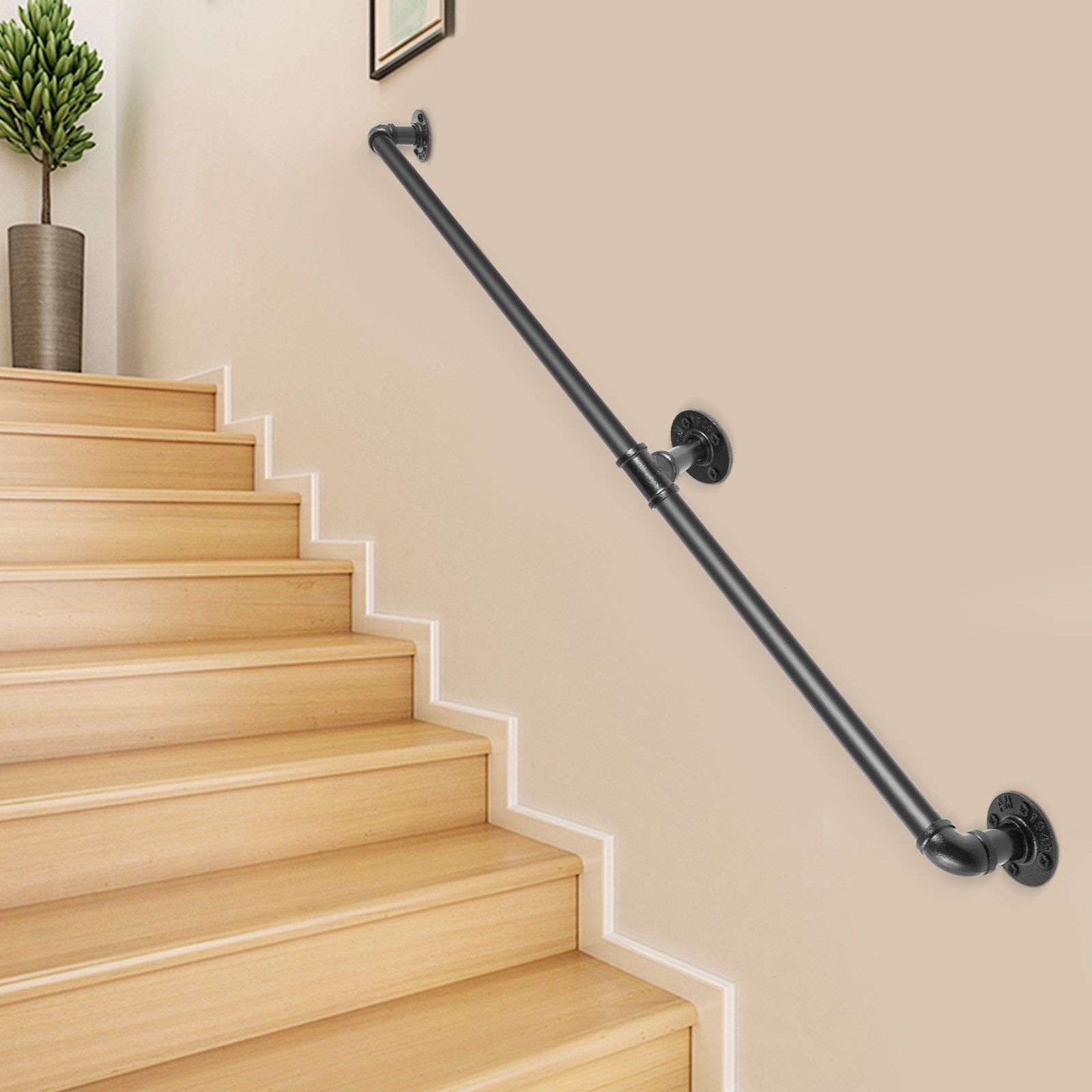 VEVOR Pipe Stair Handrail, 7FT Staircase Handrail, 440LBS Load Capacity ...