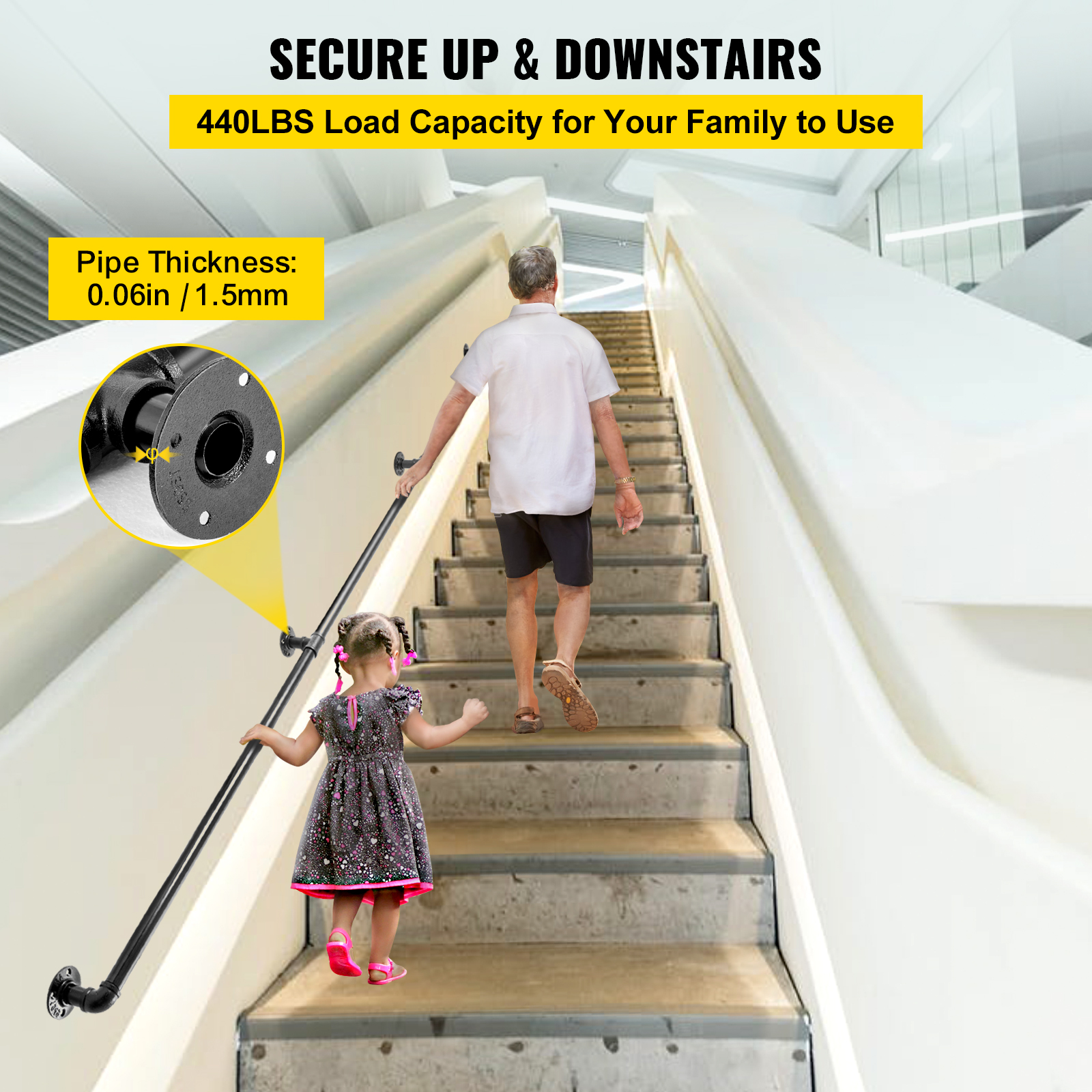 Vevor Pipe Stair Handrail Staircase Handrail 9 Ft Carbon Steel For Wall ...