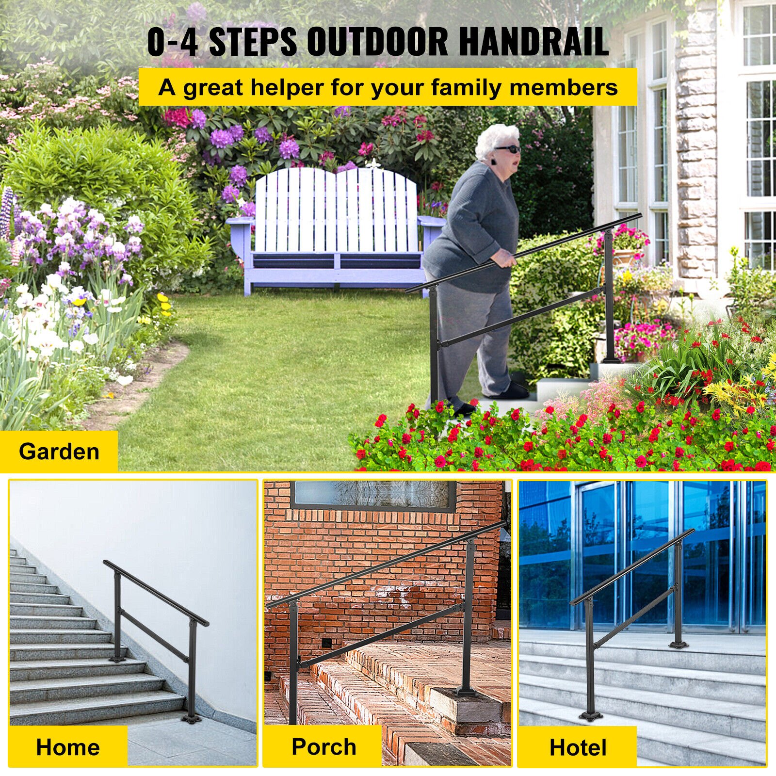 VEVOR Iron Handrail Stair Railing Hand Rail Kit Fit for 1-3 Steps ...