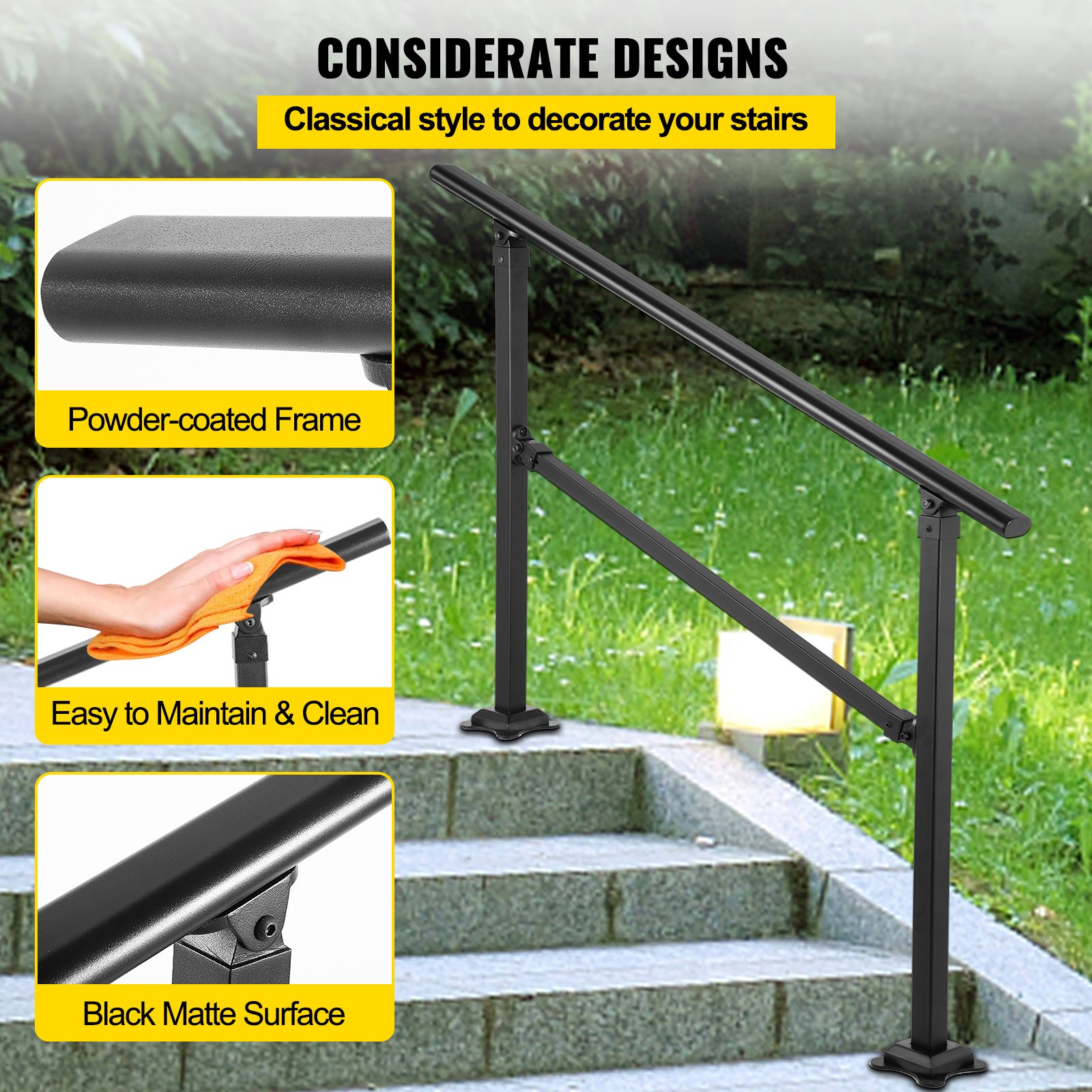 VEVOR Iron Handrail Stair Railing Hand Rail Kit Fit for 1-3 Steps ...