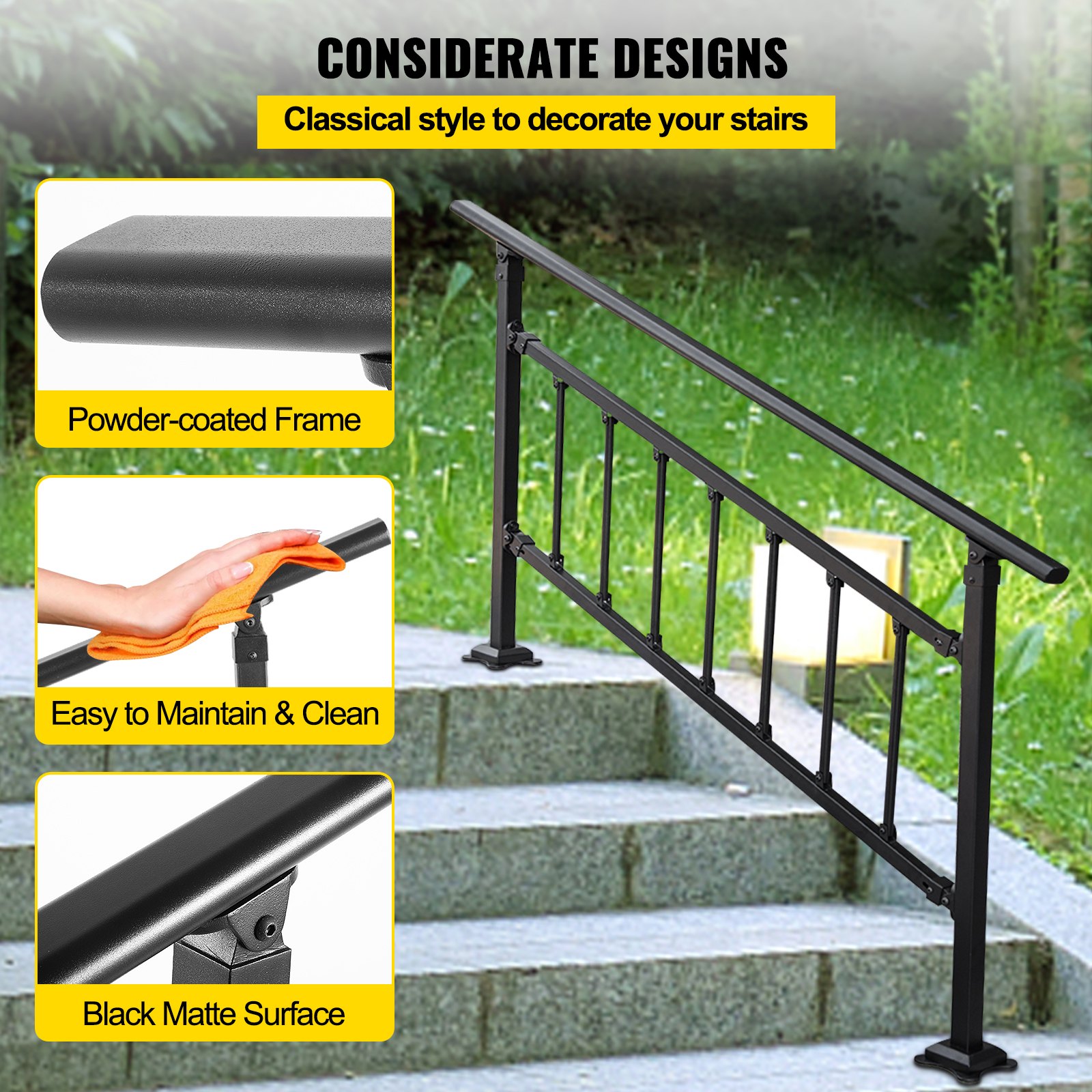 VEVOR VEVOR Iron Handrail Stair Railing Hand Rail Kit 1-4 Steps Outdoor ...