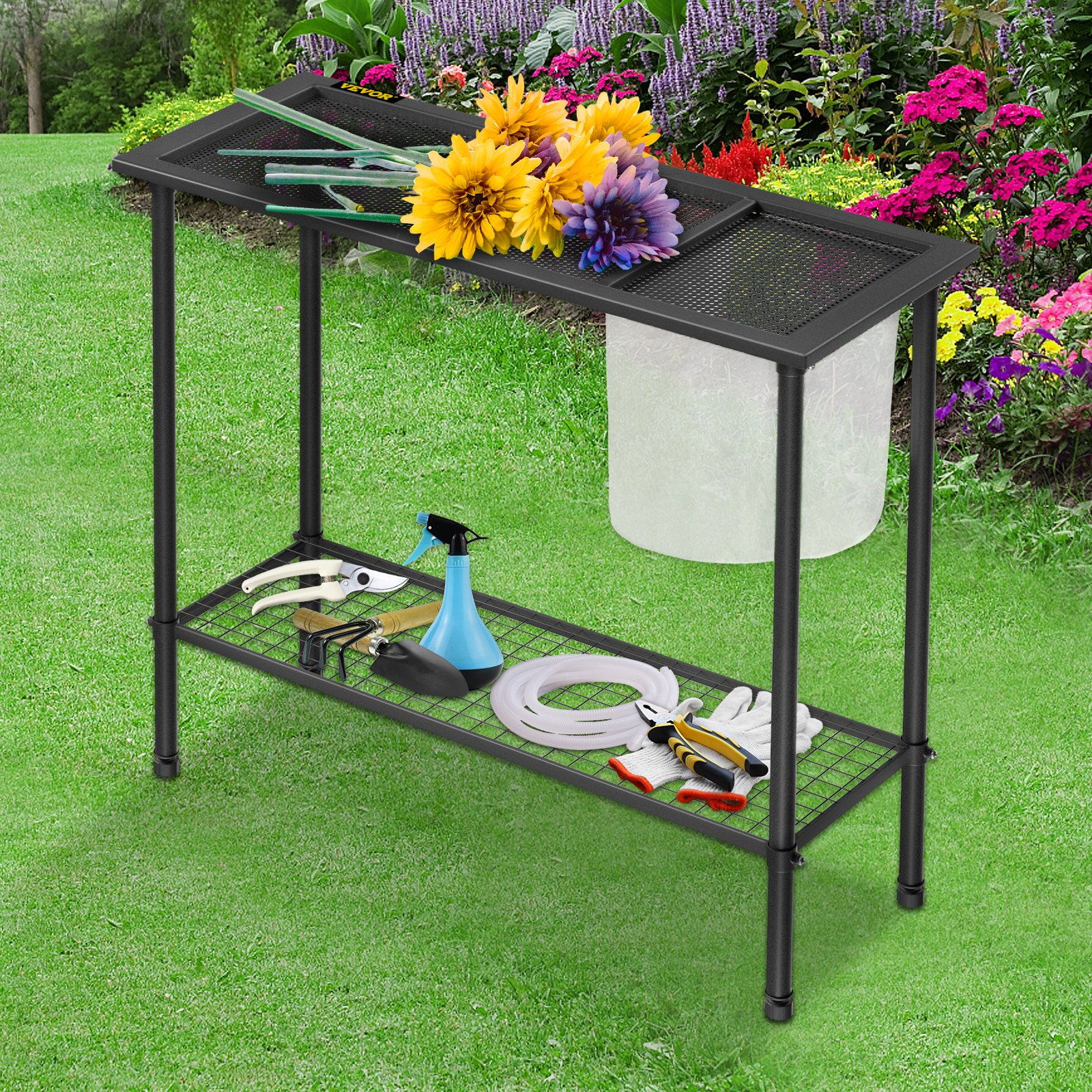 VEVOR Potting Bench, 39" L x 15" W x 33" H, Steel Outdoor Workstation ...