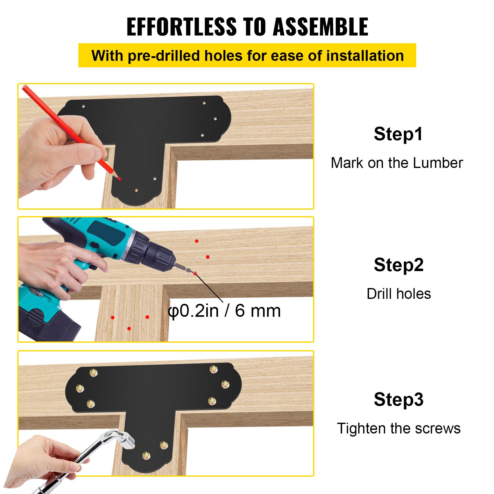 VEVOR Black T Mending Plate T-shape 8 PCs 6" Flat Connector Post to ...