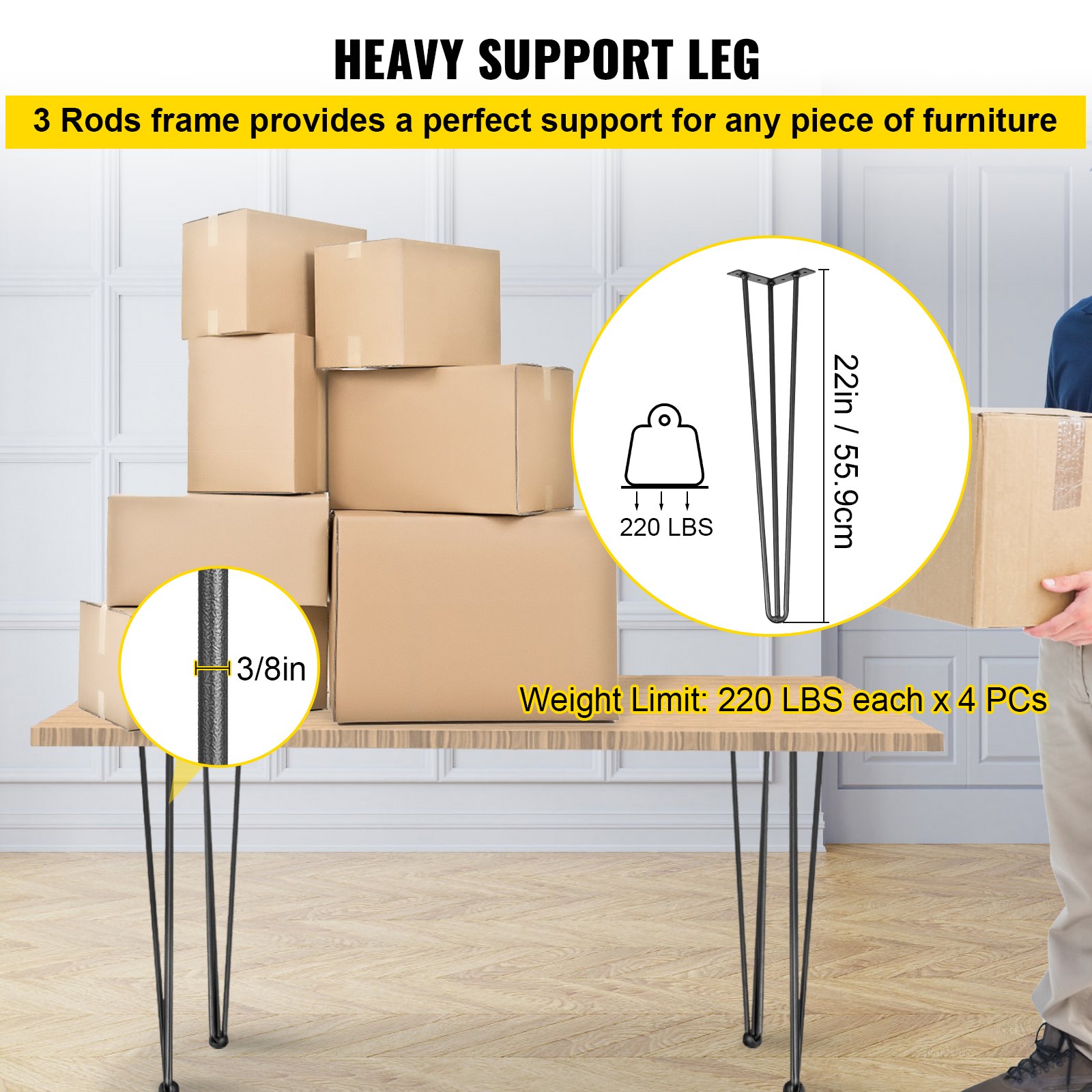 VEVOR Hairpin Table Legs 22 inch, Set of 4 DIY Desk Table Legs 3 Rods ...