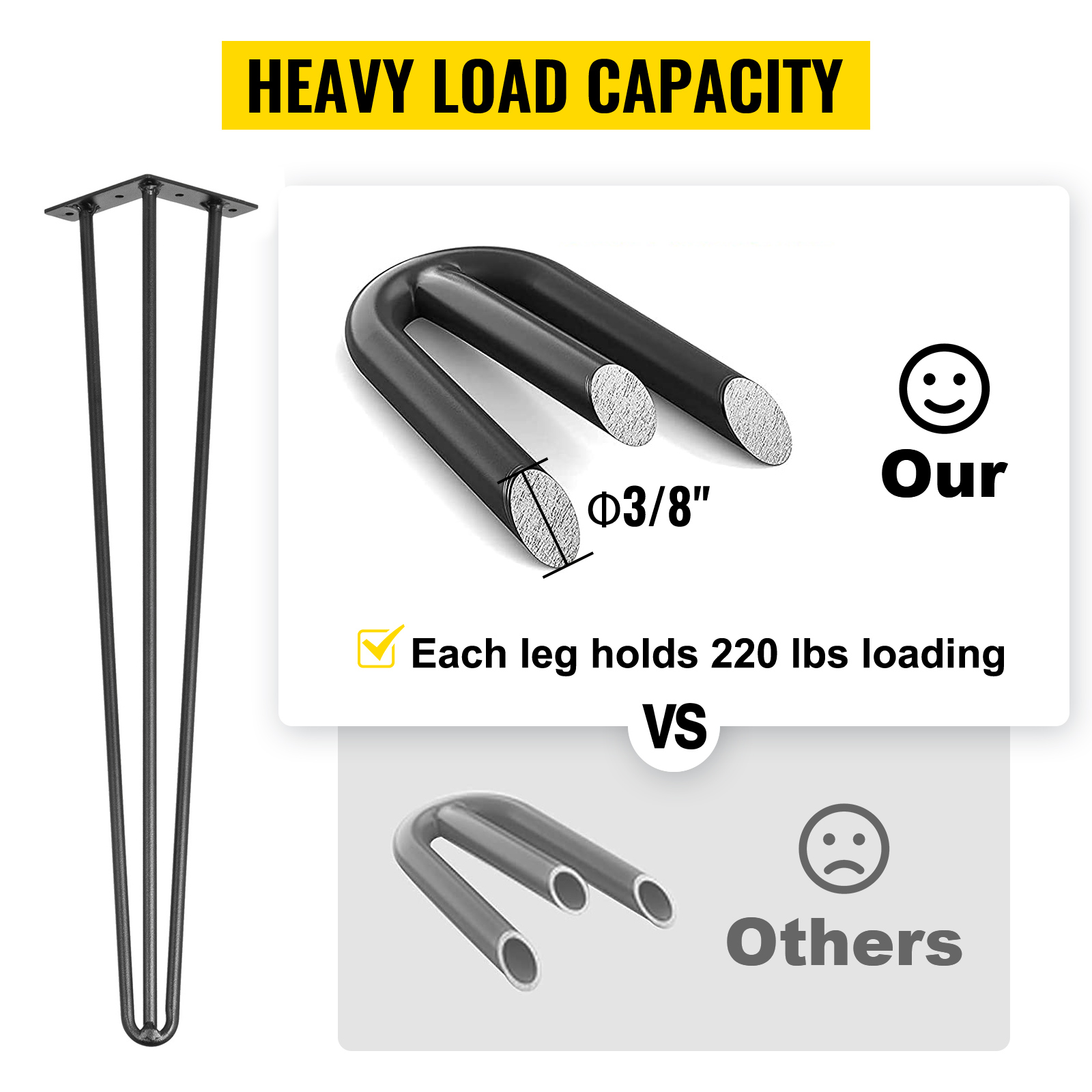 VEVOR Hairpin Table Legs 22 inch, Set of 4 DIY Desk Table Legs 3 Rods ...