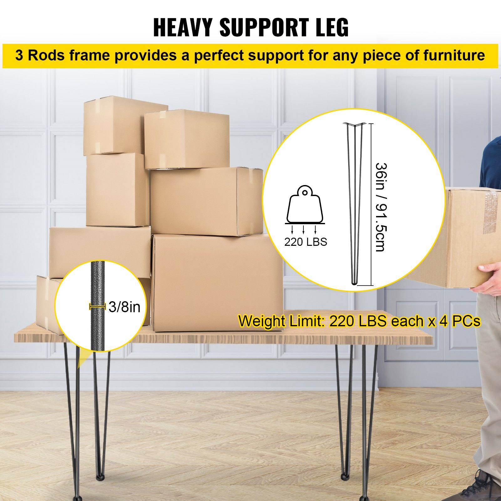 VEVOR Hairpin Table Legs 36 inch, Set of 4 DIY Desk Table Legs 3 Rods ...