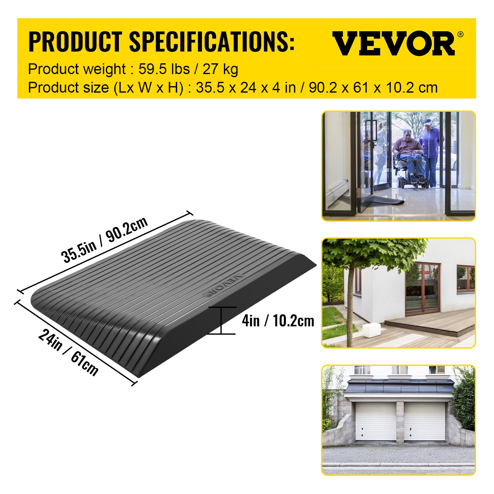 VEVOR Rubber Threshold Ramp, 4" Rise Threshold Ramp Doorway, Recycled ...