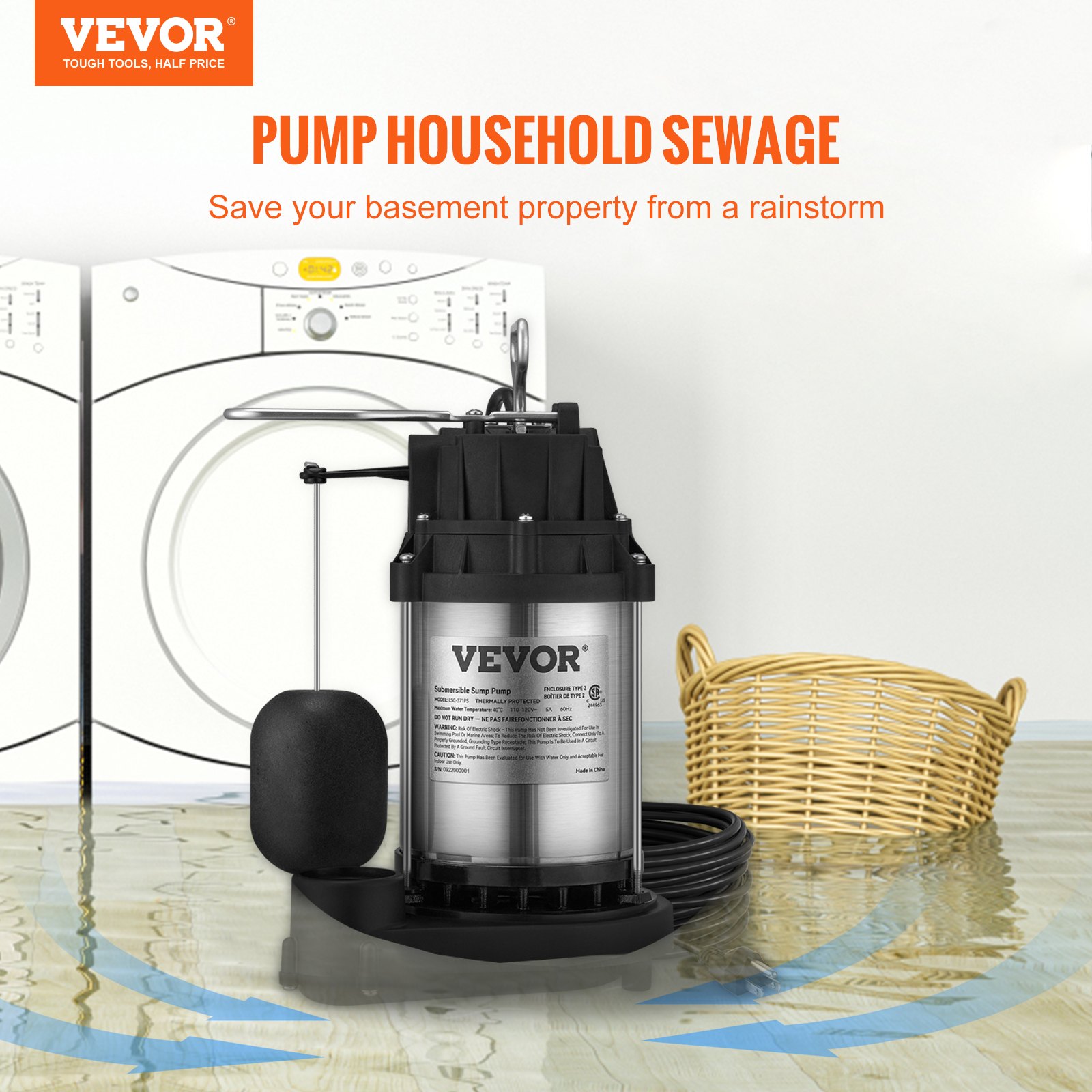 VEVOR Submersible Sump Pump Water Pump 1/2 HP 4320GPH Cast Iron Steel ...
