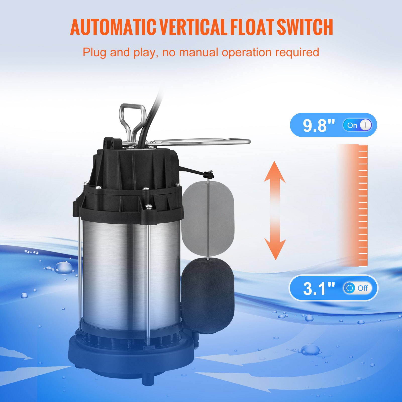 VEVOR Sump Pump, 1/2 HP 3960 GPH, Submersible Cast Iron Stainless Steel ...
